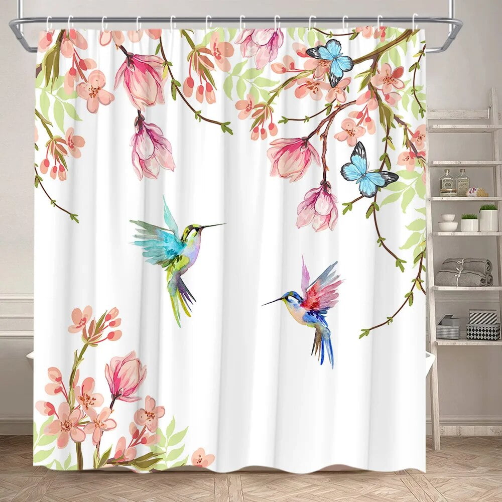 Watercolor Floral Shower Curtain Spring Farm Butterfly Hummingbird