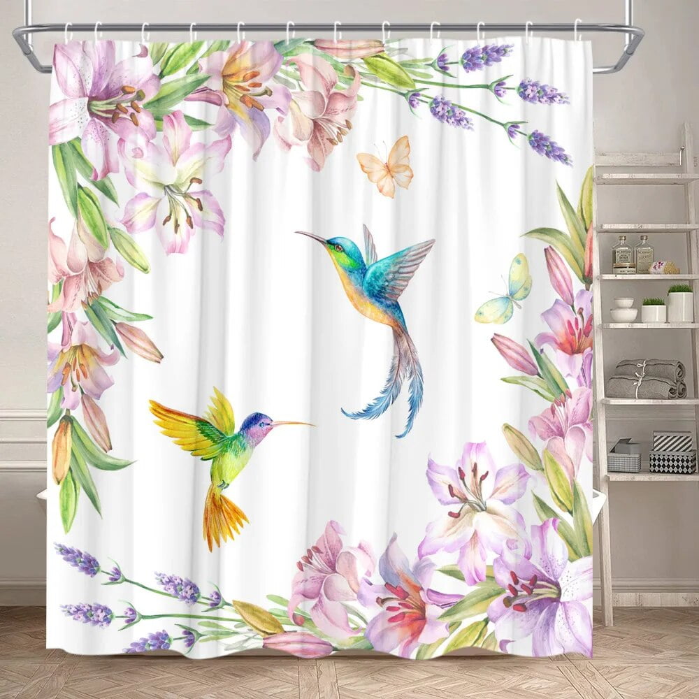 Watercolor Floral Shower Curtain Spring Farm Butterfly Hummingbird