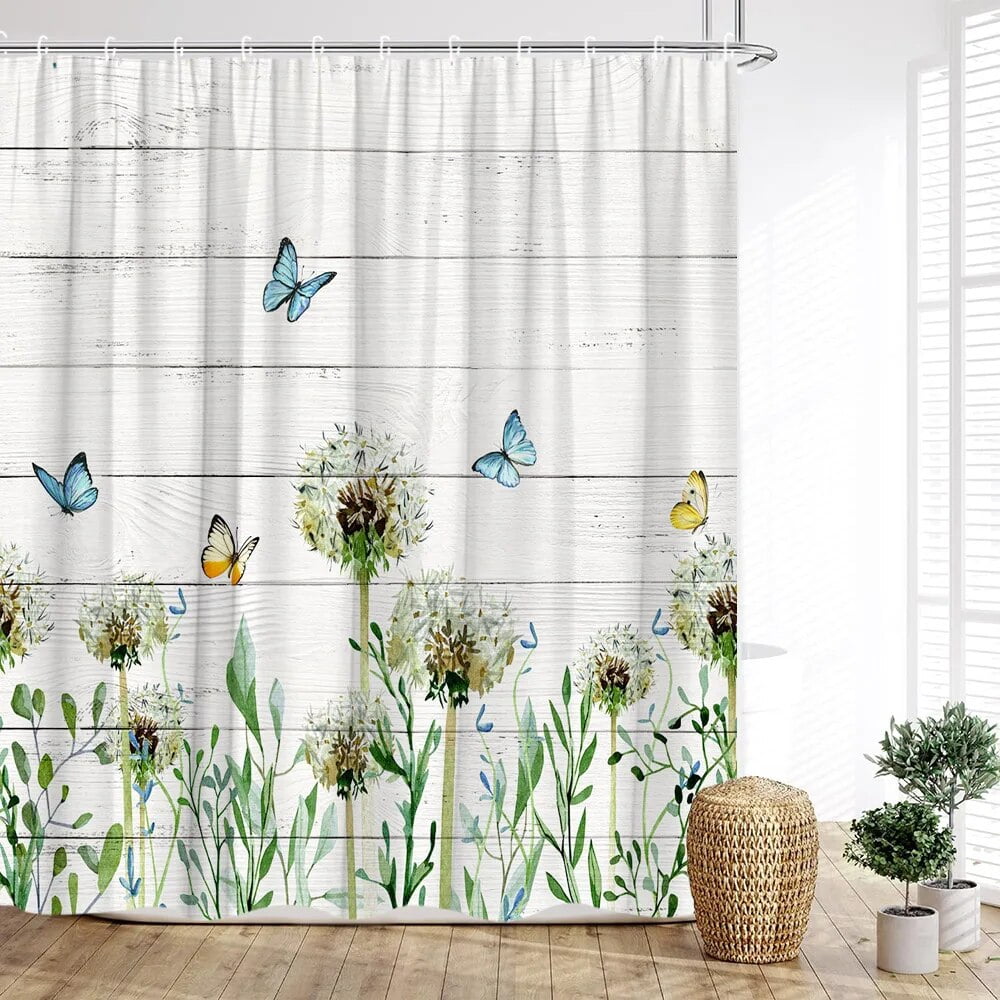 Watercolor Floral Shower Curtain Spring Farm Modern Butterfly Greenery