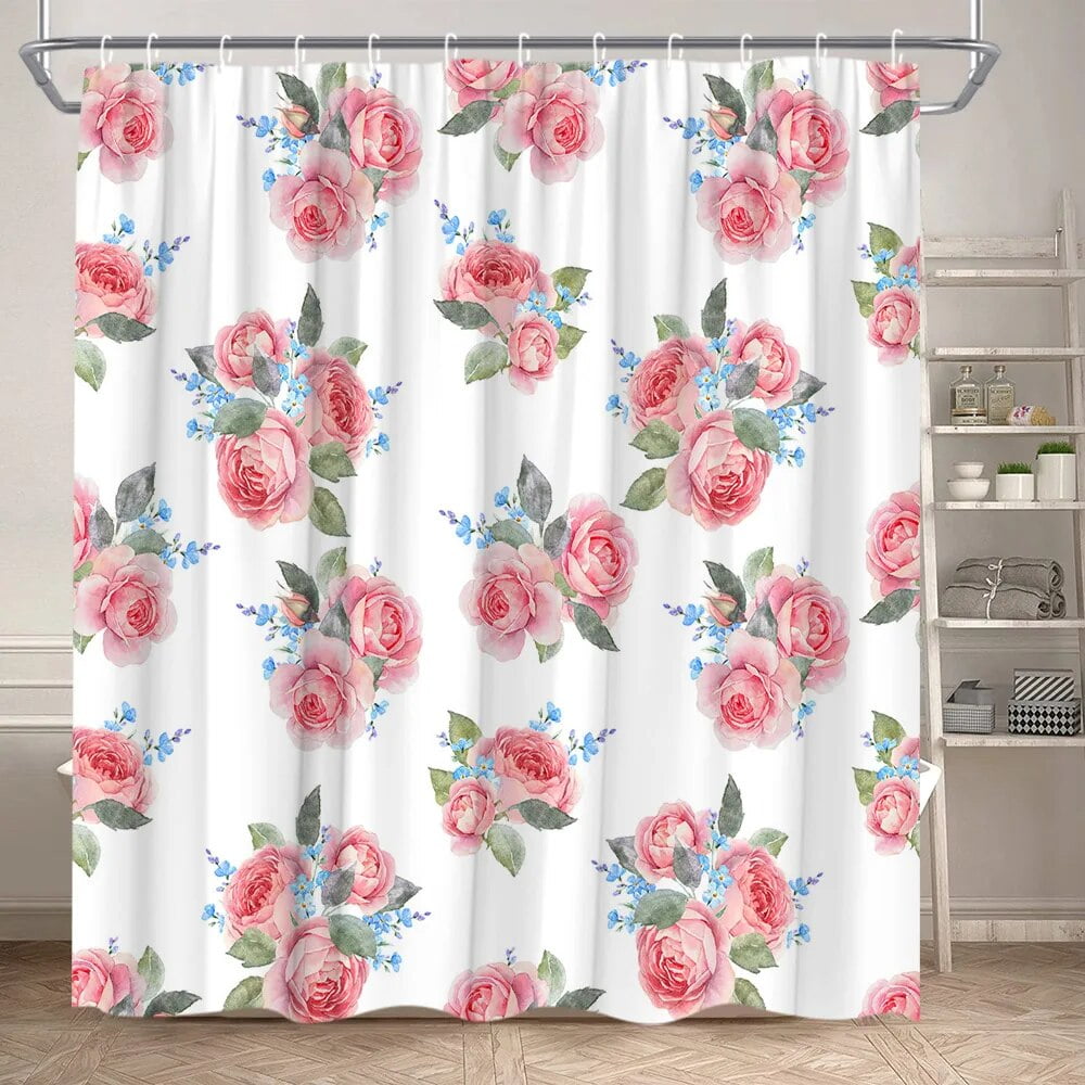 Watercolor Floral Shower Curtain Spring Farm Roses Plants Leaves