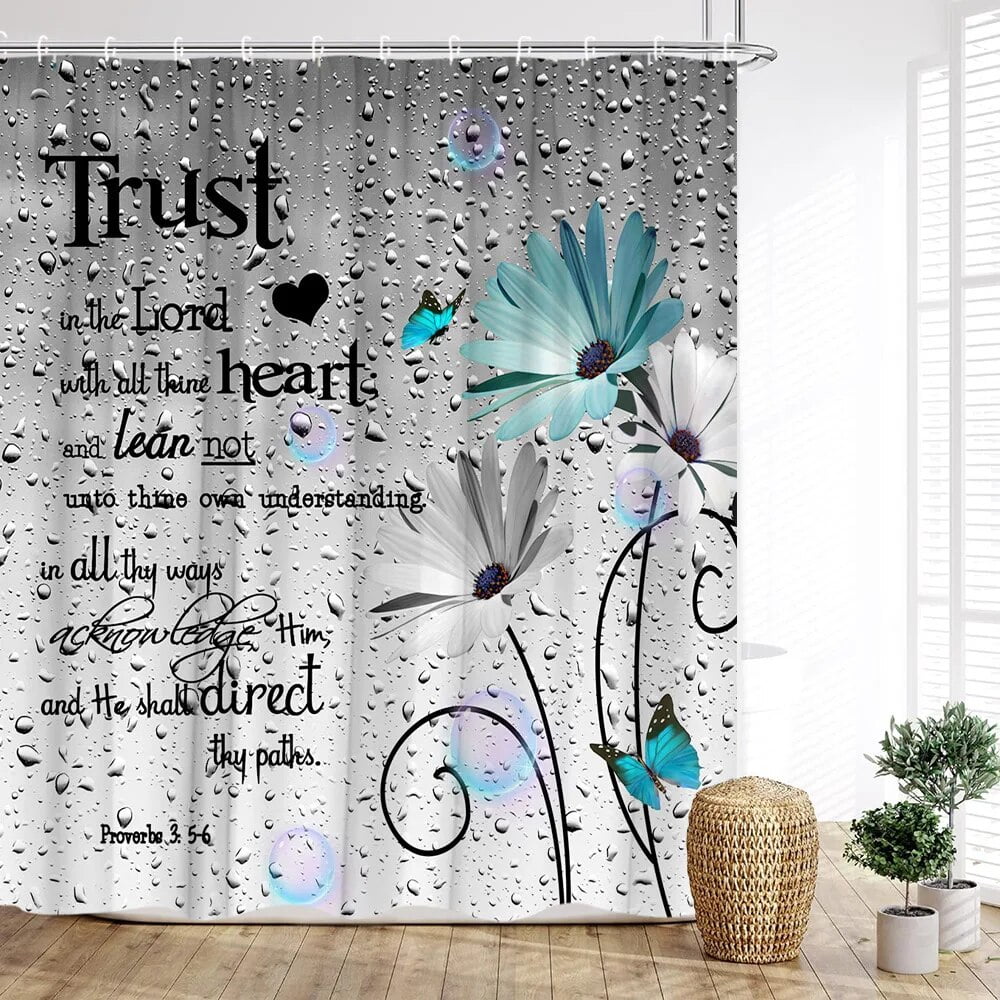Watercolor Floral Shower Curtain Turquoise Inspirational Quotes