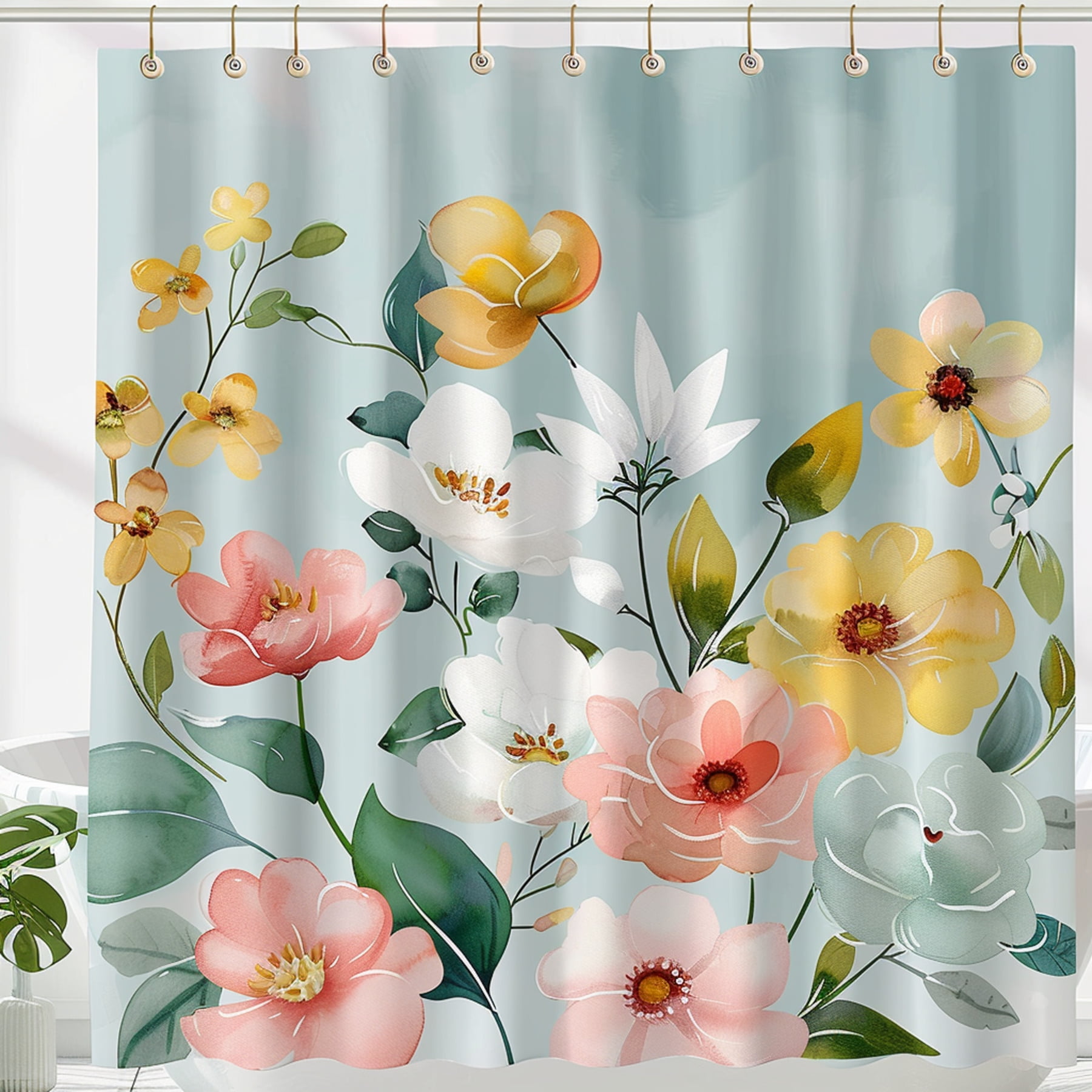 Watercolor Floral Shower Curtain Vibrant Flowers on Light Blue ...