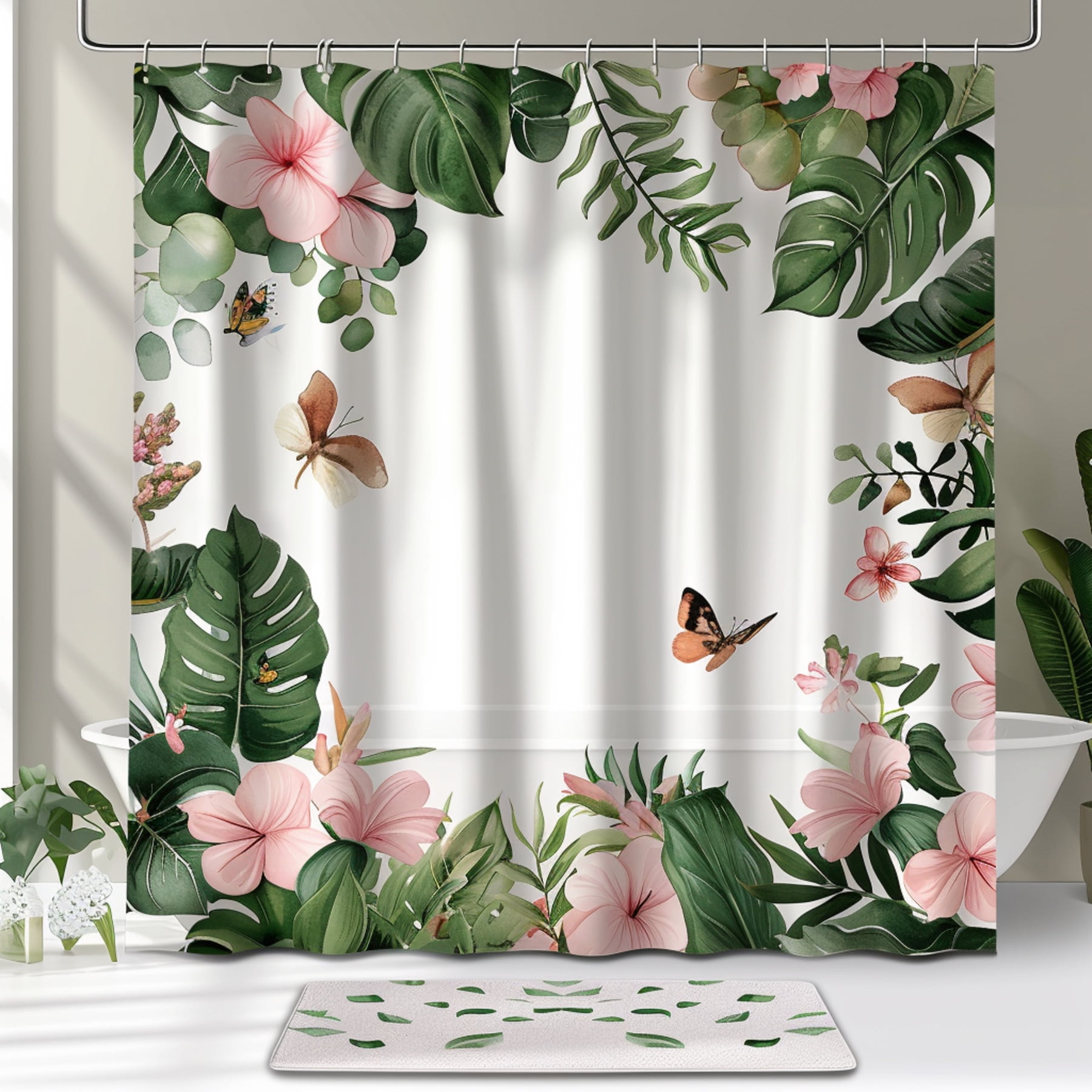 Watercolor Floral Shower Curtain White Bathroom Decor with Green Leaves Pink Flowers and ...