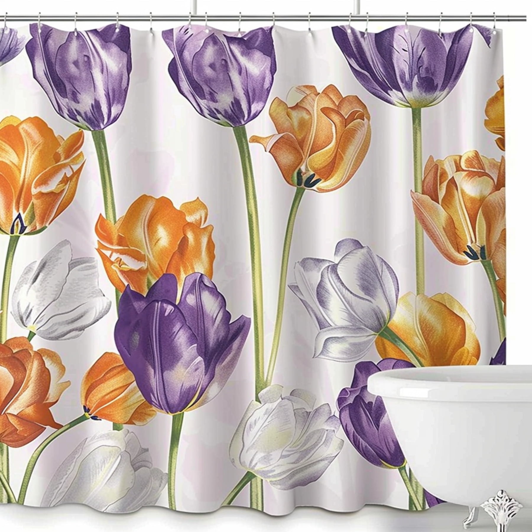 Watercolor Floral Shower Curtain White And Purple Tulip Design With