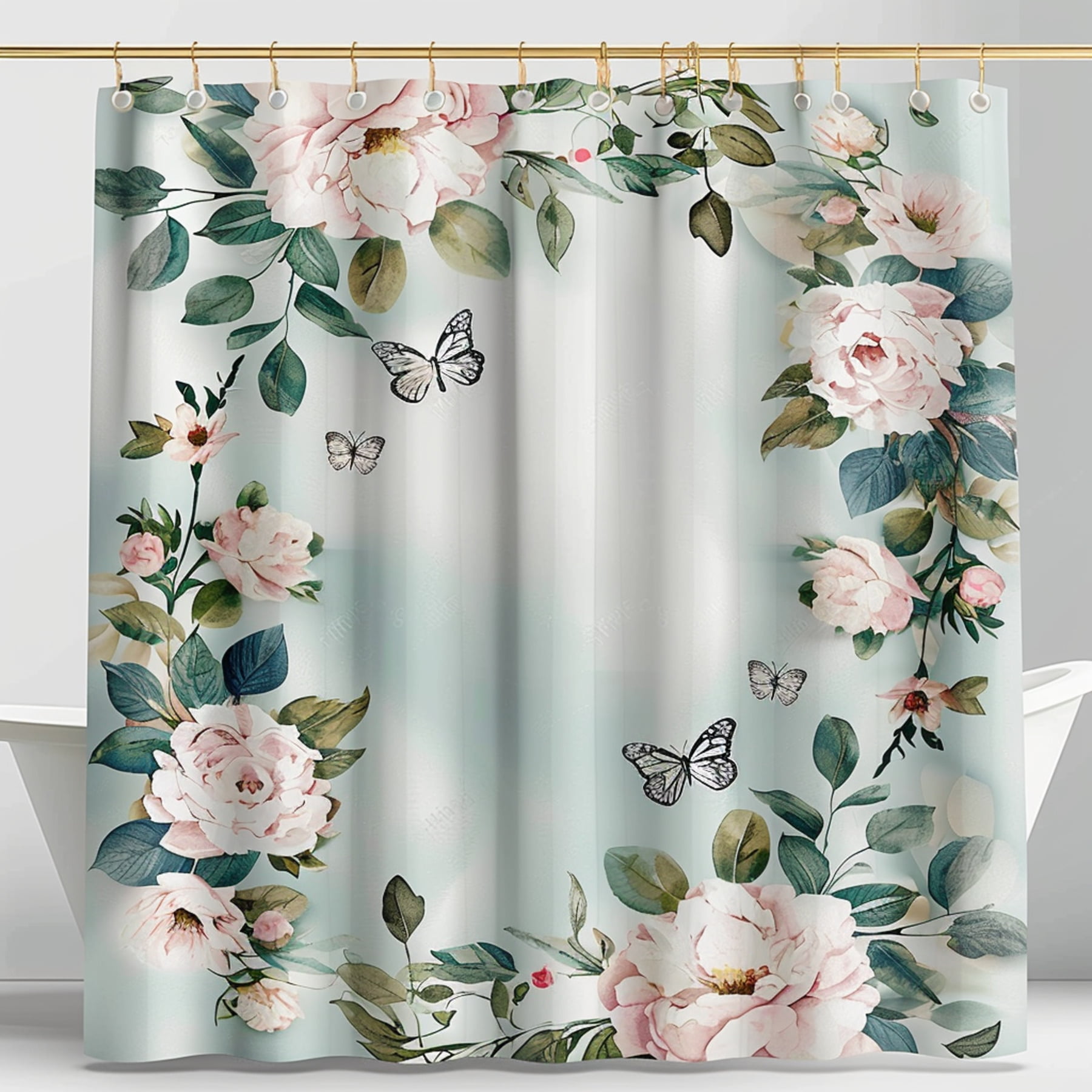 Watercolor Floral Shower Curtain With Butterflies Peonies Roses On