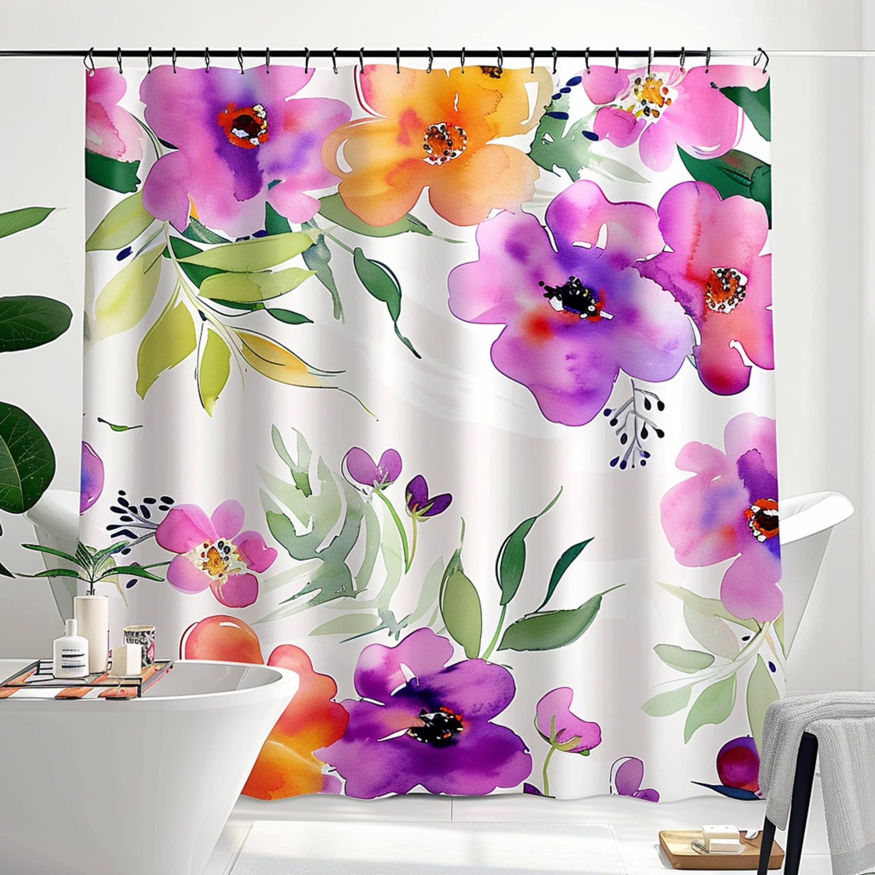 Watercolor Floral Shower Curtain with Vibrant Colors and Detailed ...
