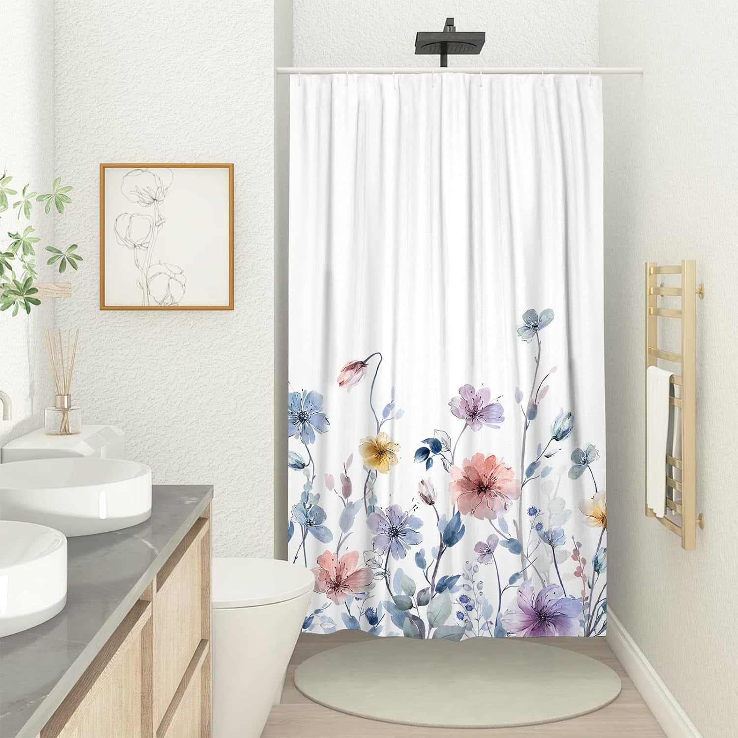 Watercolor Floral Small Shower Stall Curtain Size 36" x 72", Pastel ...