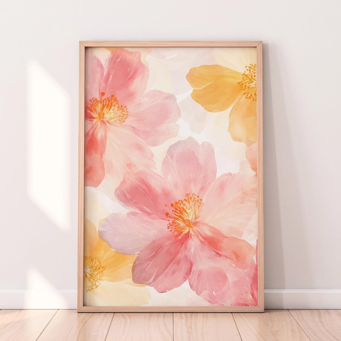 Watercolor Floral Wall Art Print – Soft Pink & Yellow Flower Art ...