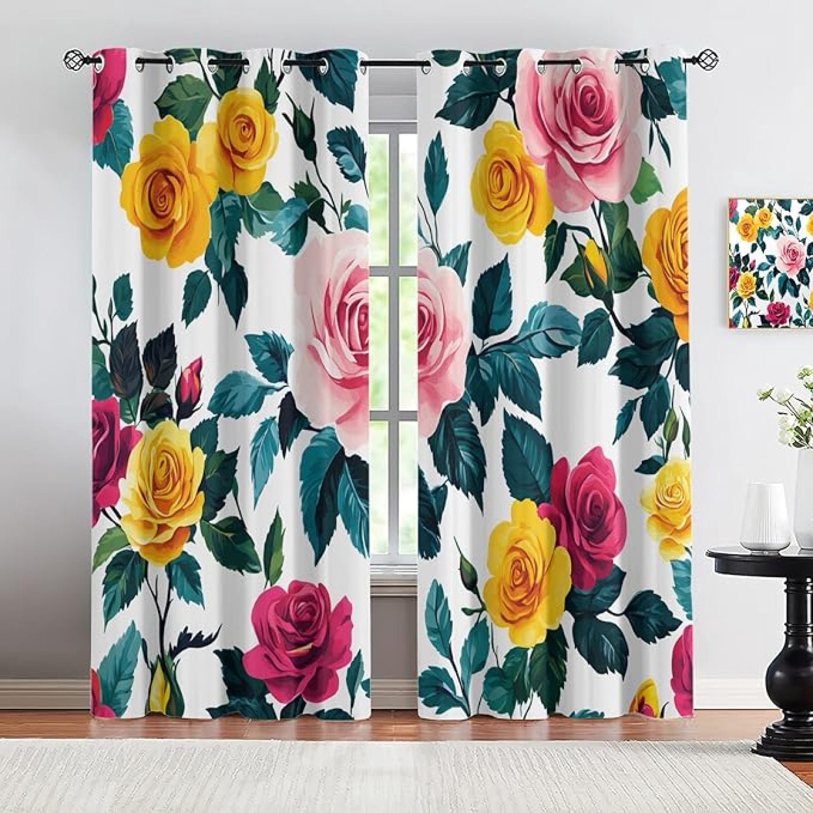 Watercolor Floral Window Curtain, Botanical Prints Blackout Curtains ...