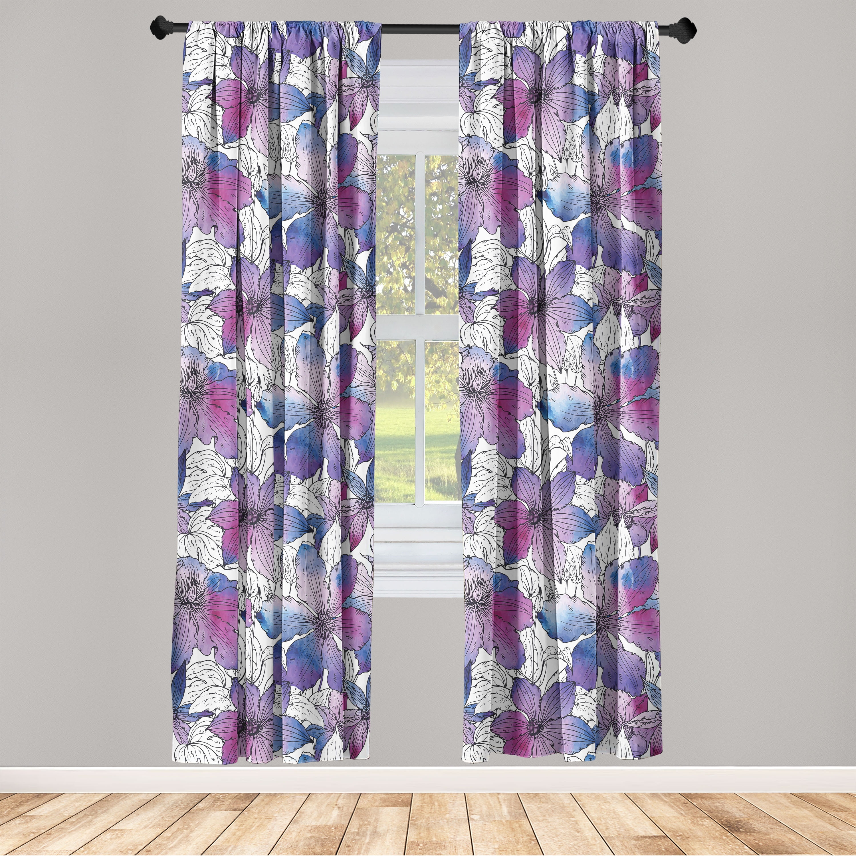 Watercolor Floral Window Curtains, Clematis Flowers with Painting ...
