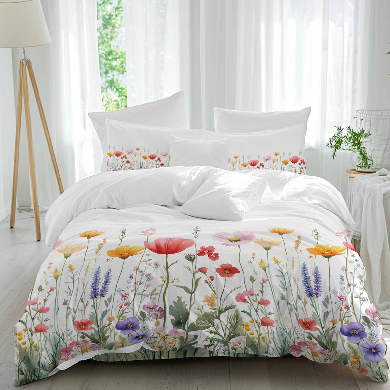 Watercolor Flower 4 Piece Duvet Cover Set Queen Size Spring Colorful ...