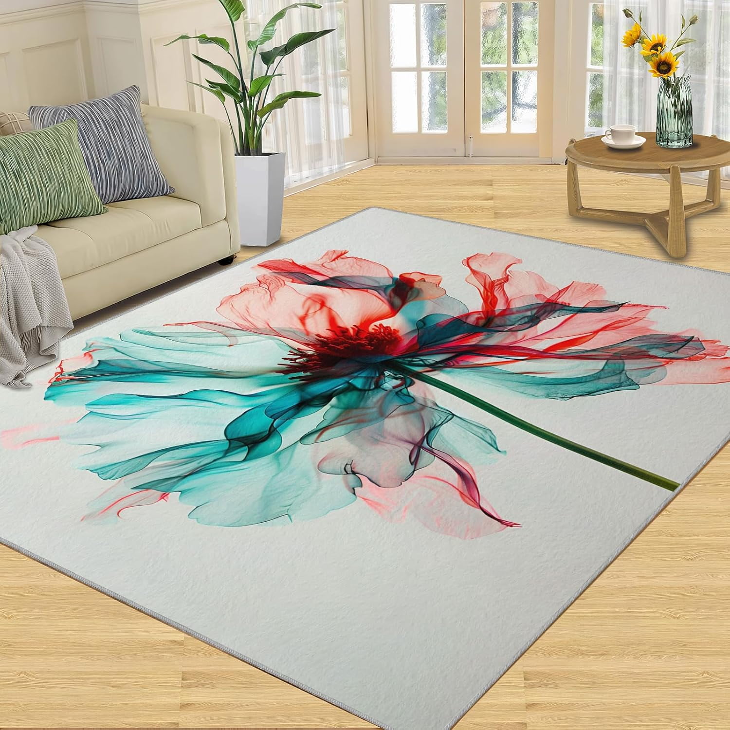 Watercolor Flower Area Rug Hibiscus Flowers Bedroom Rug Ink Wash ...