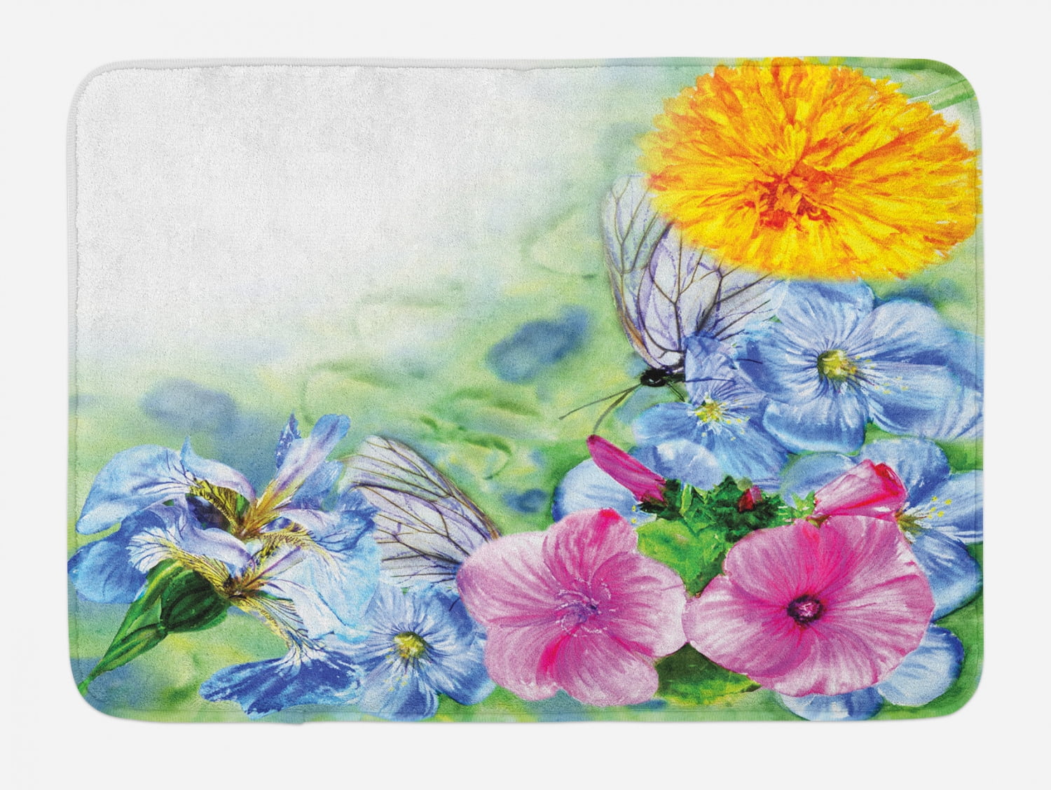 Watercolor Flower Bath Mat, Surreal Iris Peony Poppy Petals Paint with ...