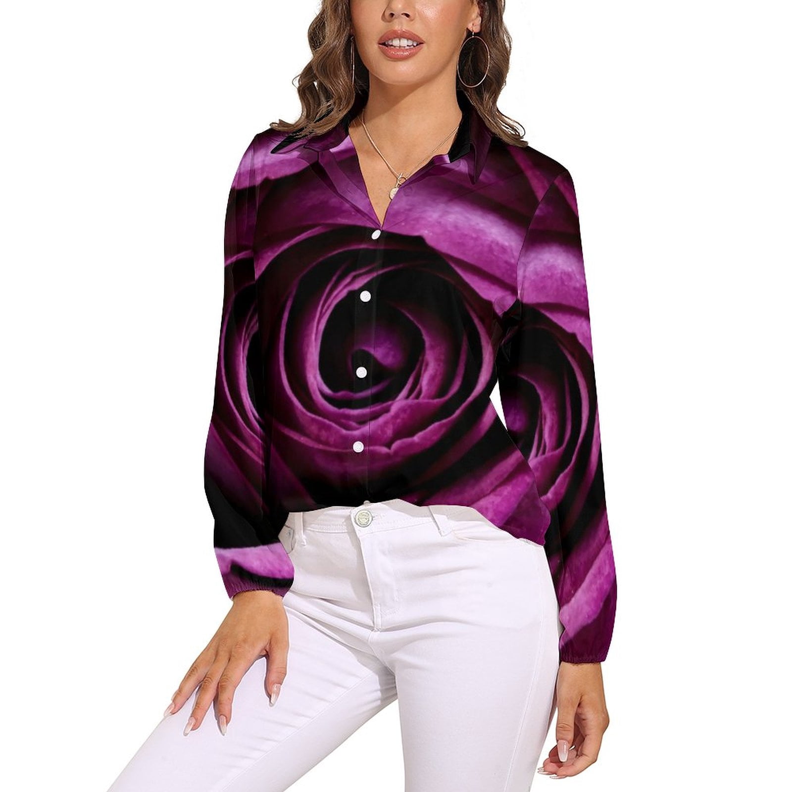 Watercolor Flower Blouse Midnight Floral Print Elegant Graphic Blouses ...