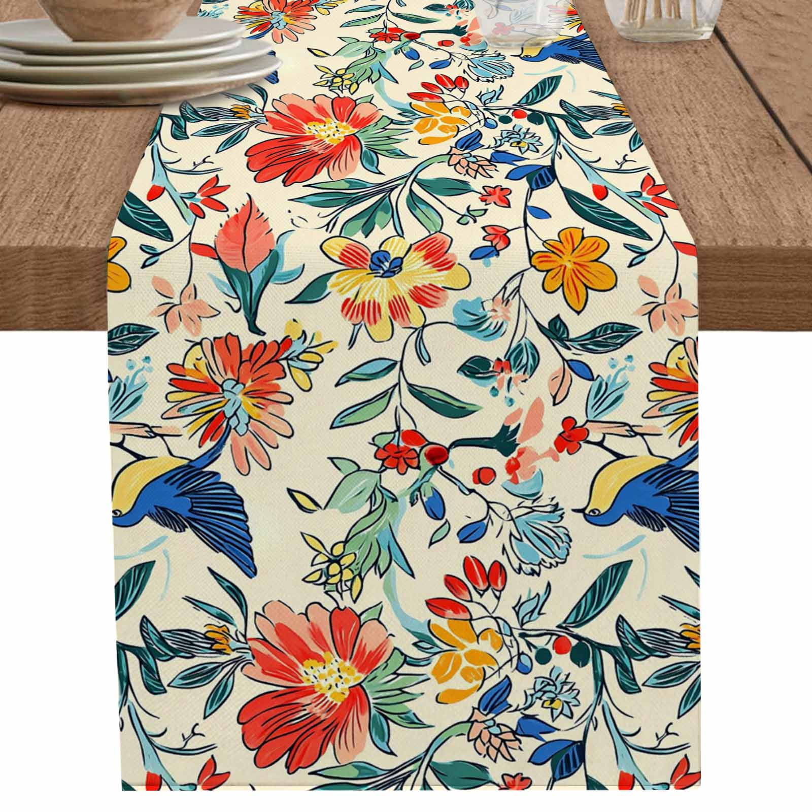 Watercolor Flower Blue Bird on Retro Table Runner-36 Inch Long Boho ...