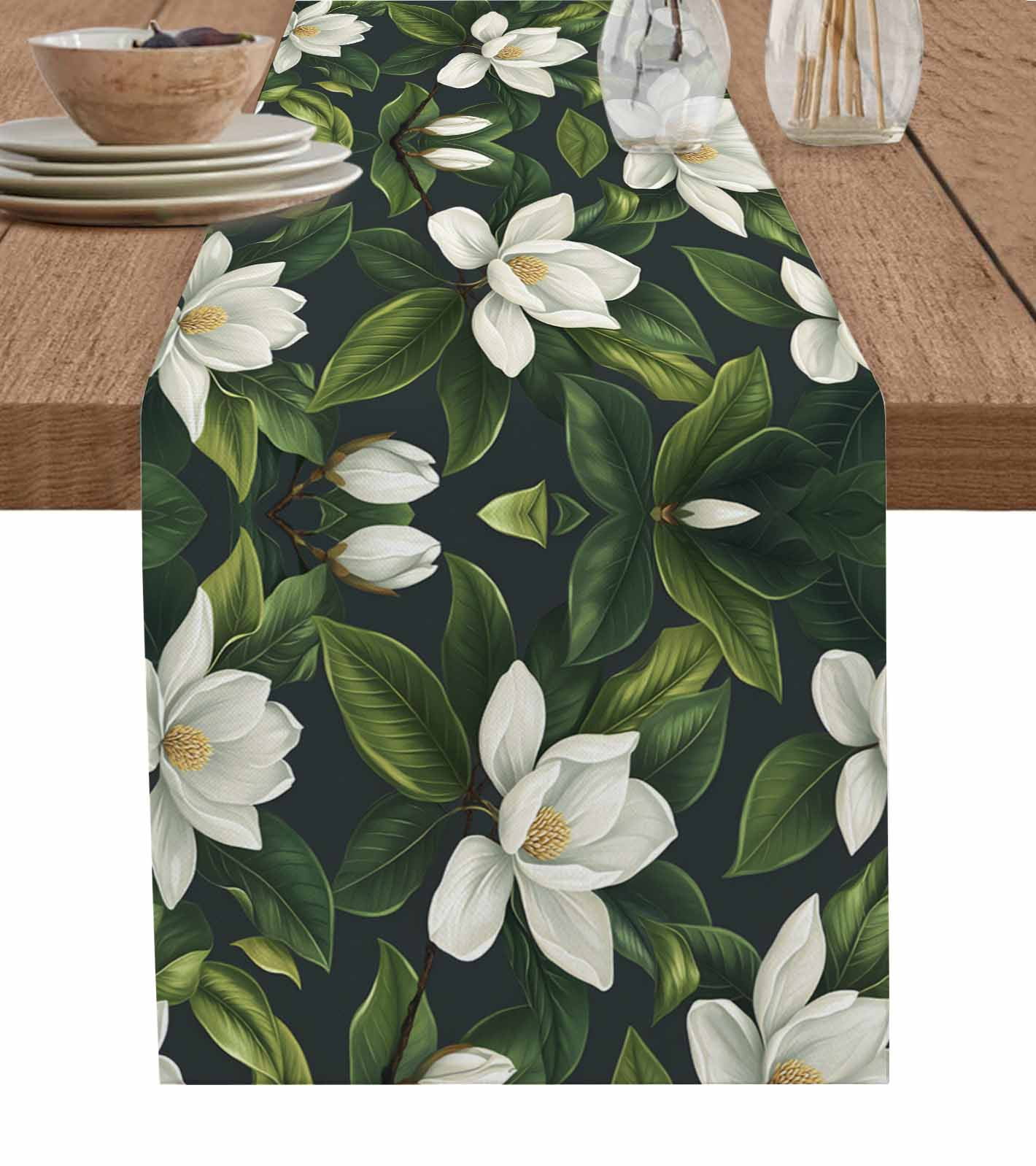 Watercolor Flower Burlap Cotton Table Runner 13x120 Inches Long, Green ...
