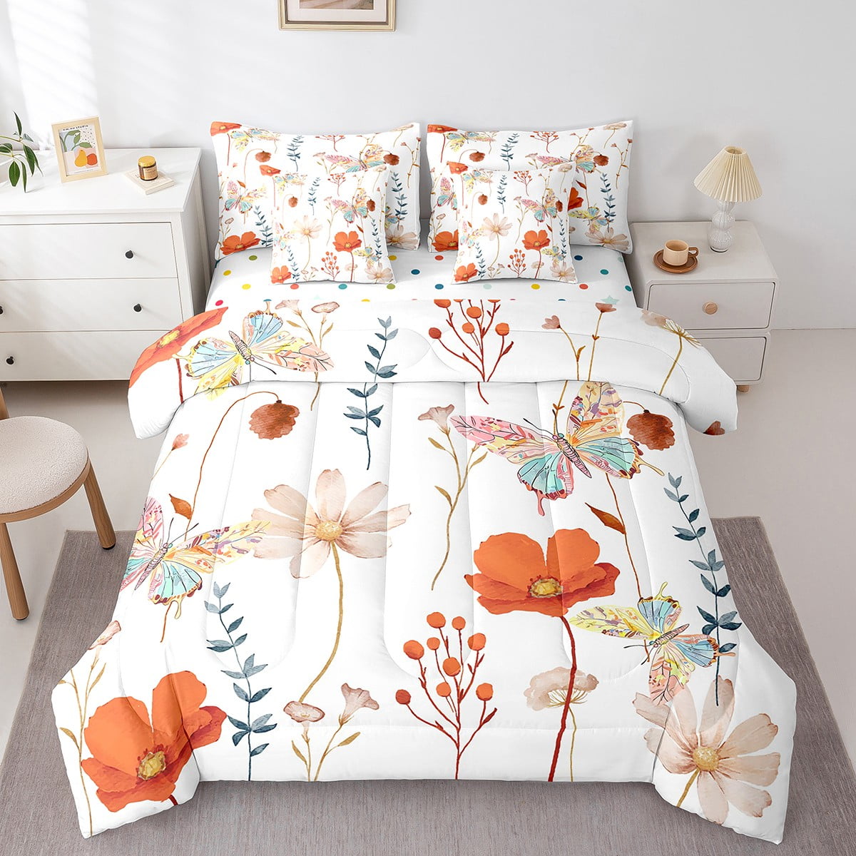 Watercolor Flower Butterfly 7 Piece Bedding Sets Full For Kids Teens ...