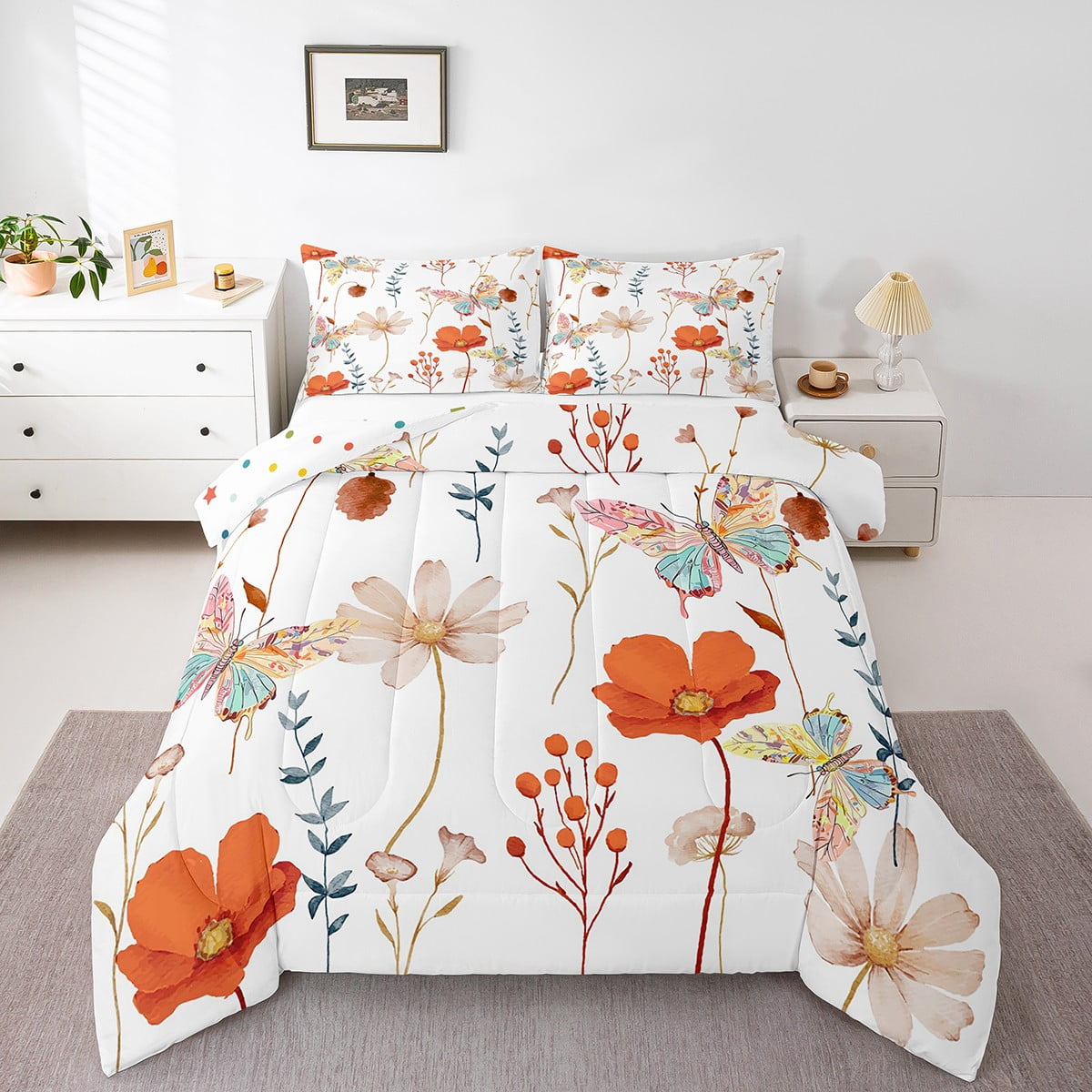 Watercolor Flower Butterfly Comforter Set Twin Teens Adult Women,Retro ...