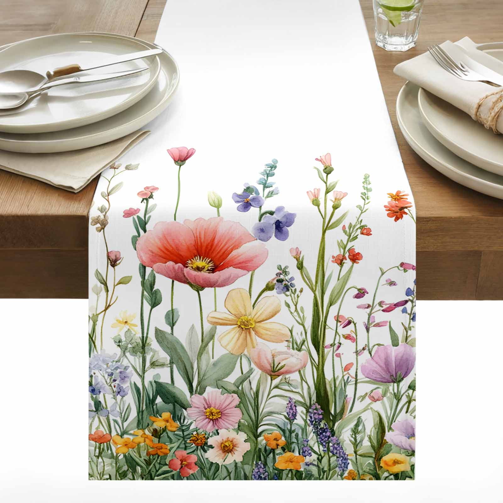 Watercolor Flower Cotton Linen Table Runner Spring Wildflower Pink ...
