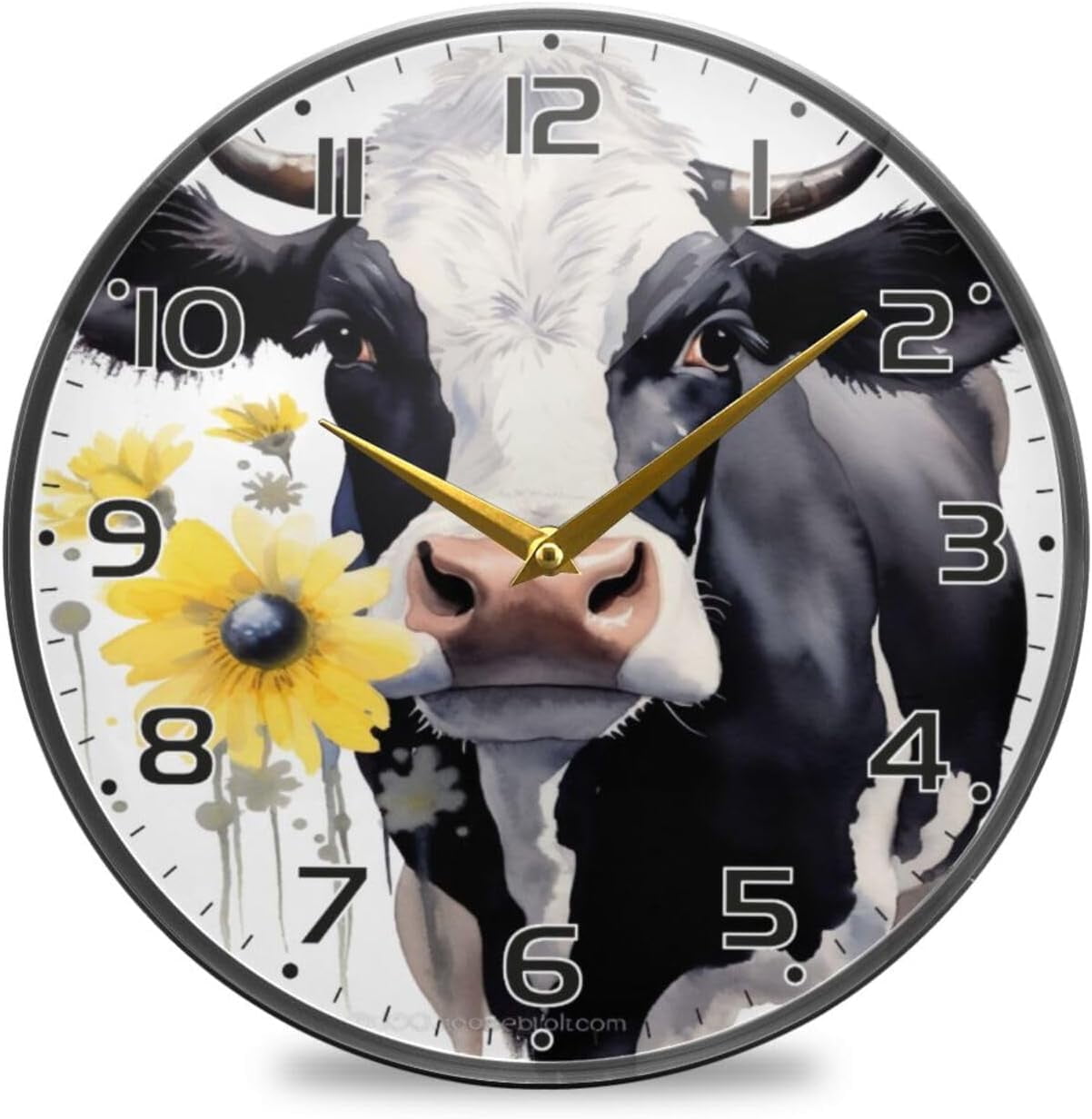 Watercolor Flower Cow Wall Clock Round Silent Non Ticking Battery ...
