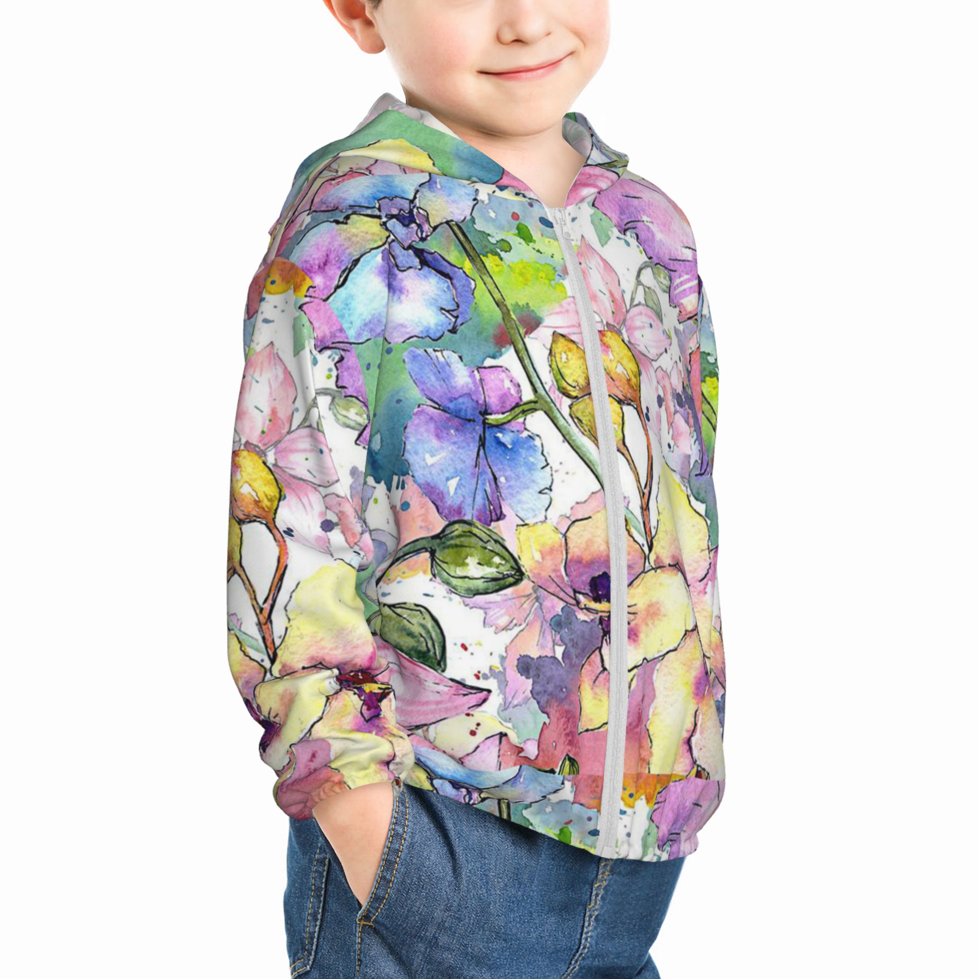 Watercolor Flower Design Kids Zip-Up Hoodie Girls Boys Sun Protection Jacket Hooded Cooling ...