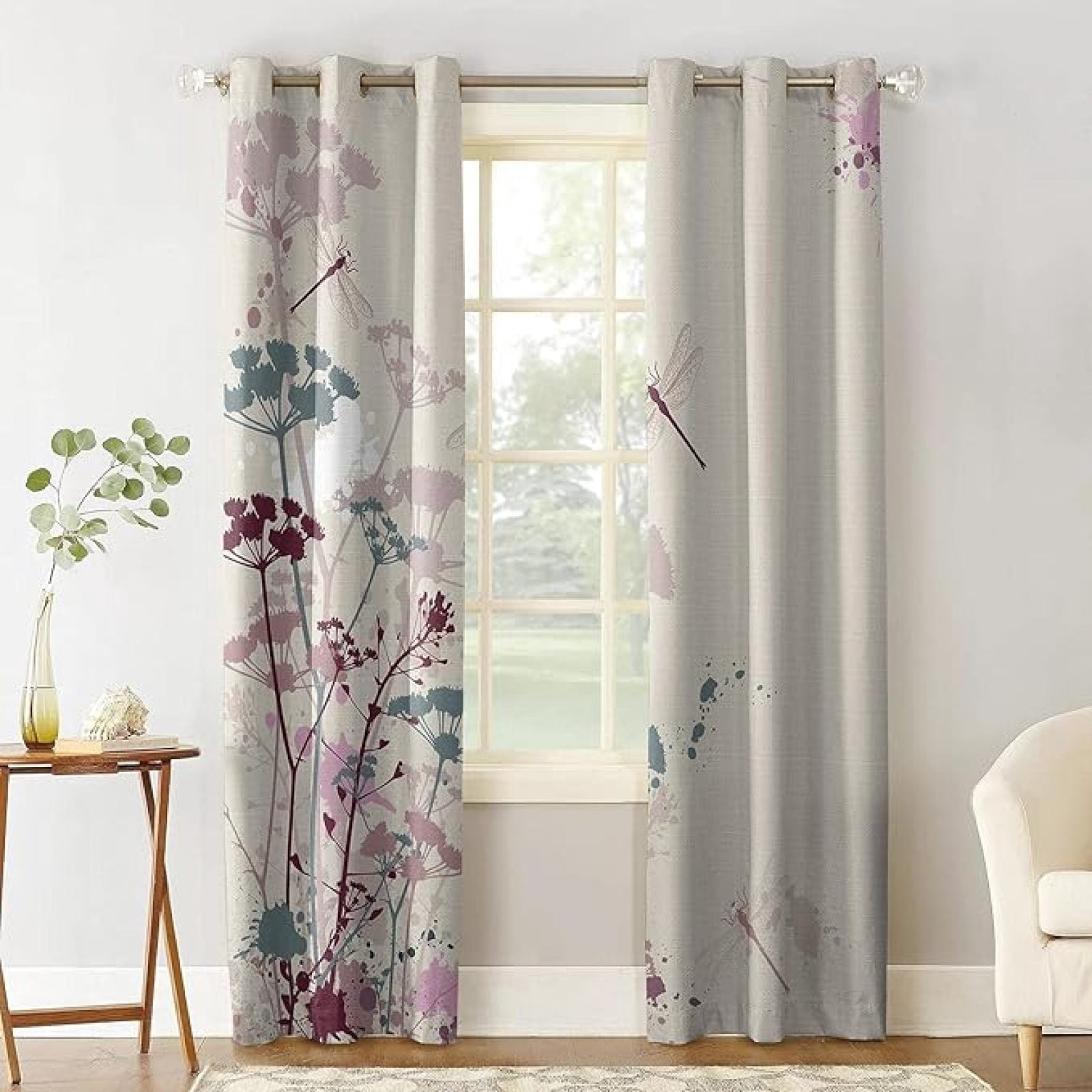 Watercolor Flower Dragonfly Blackout Window Curtain, Splash Art Print ...