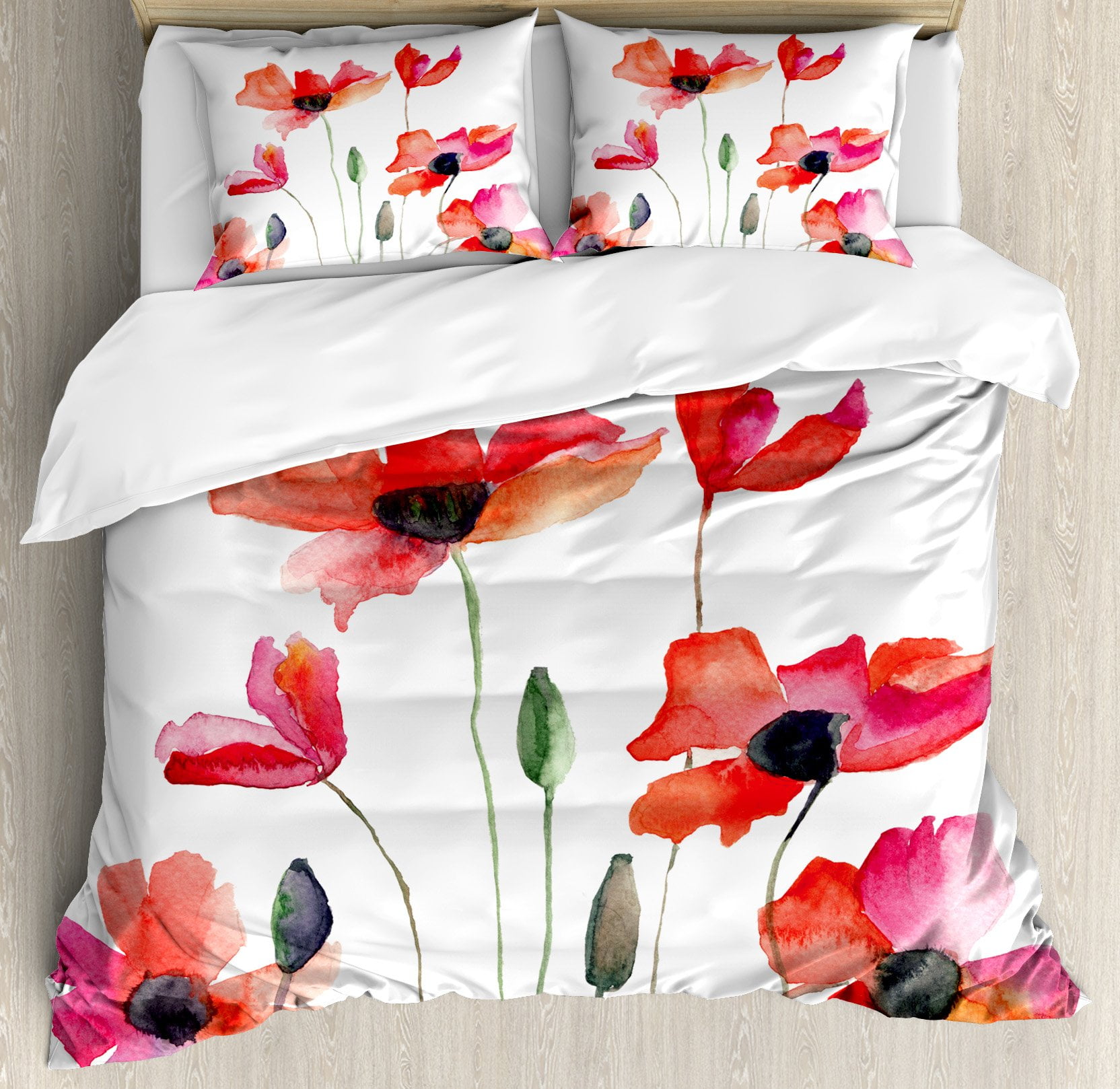 Watercolor Flower Duvet Cover King Poppies Wildflower Nature Buds White ...
