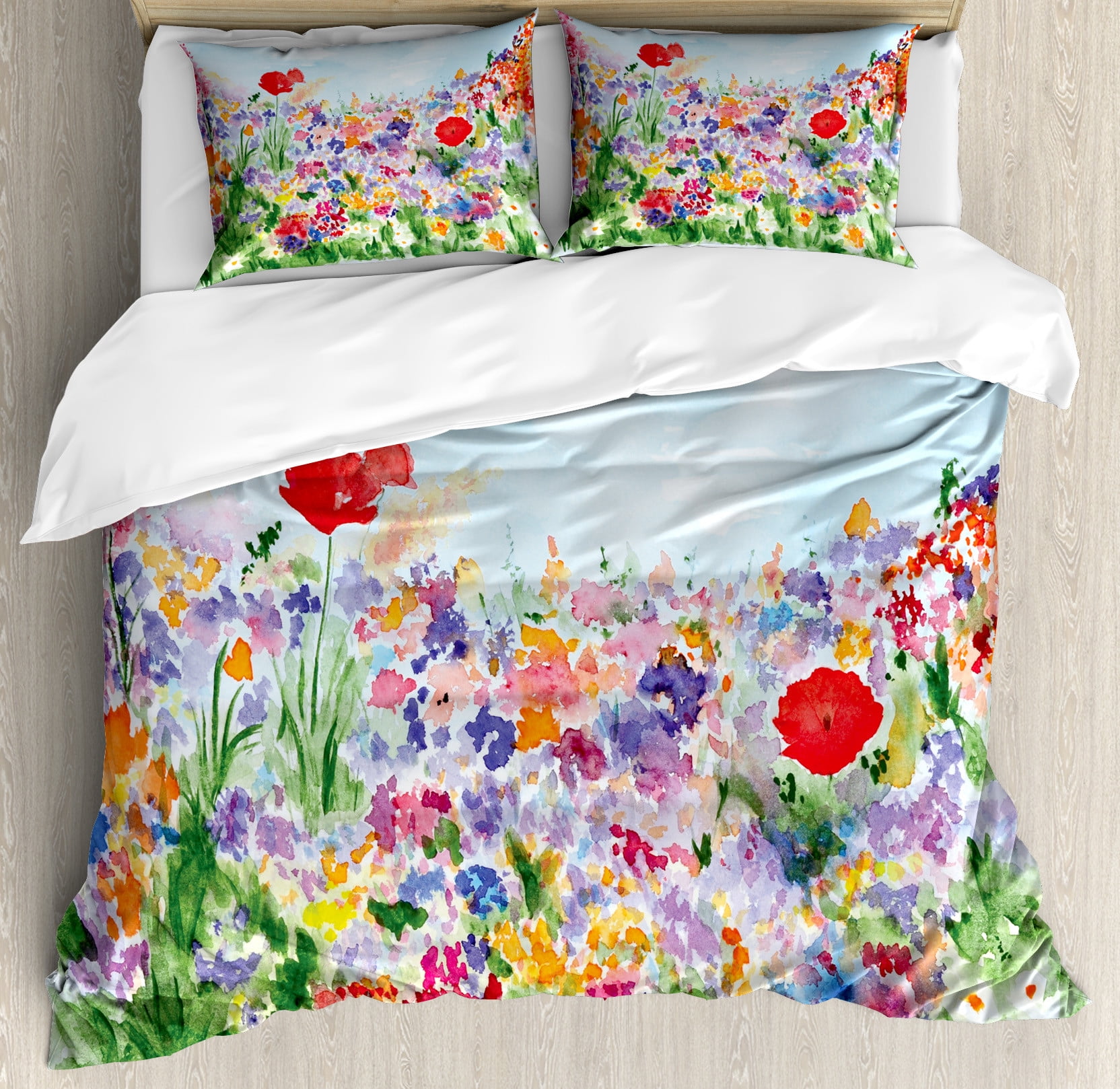 Watercolor Flower Duvet Cover Set, Floral Summer Garden Grass and ...