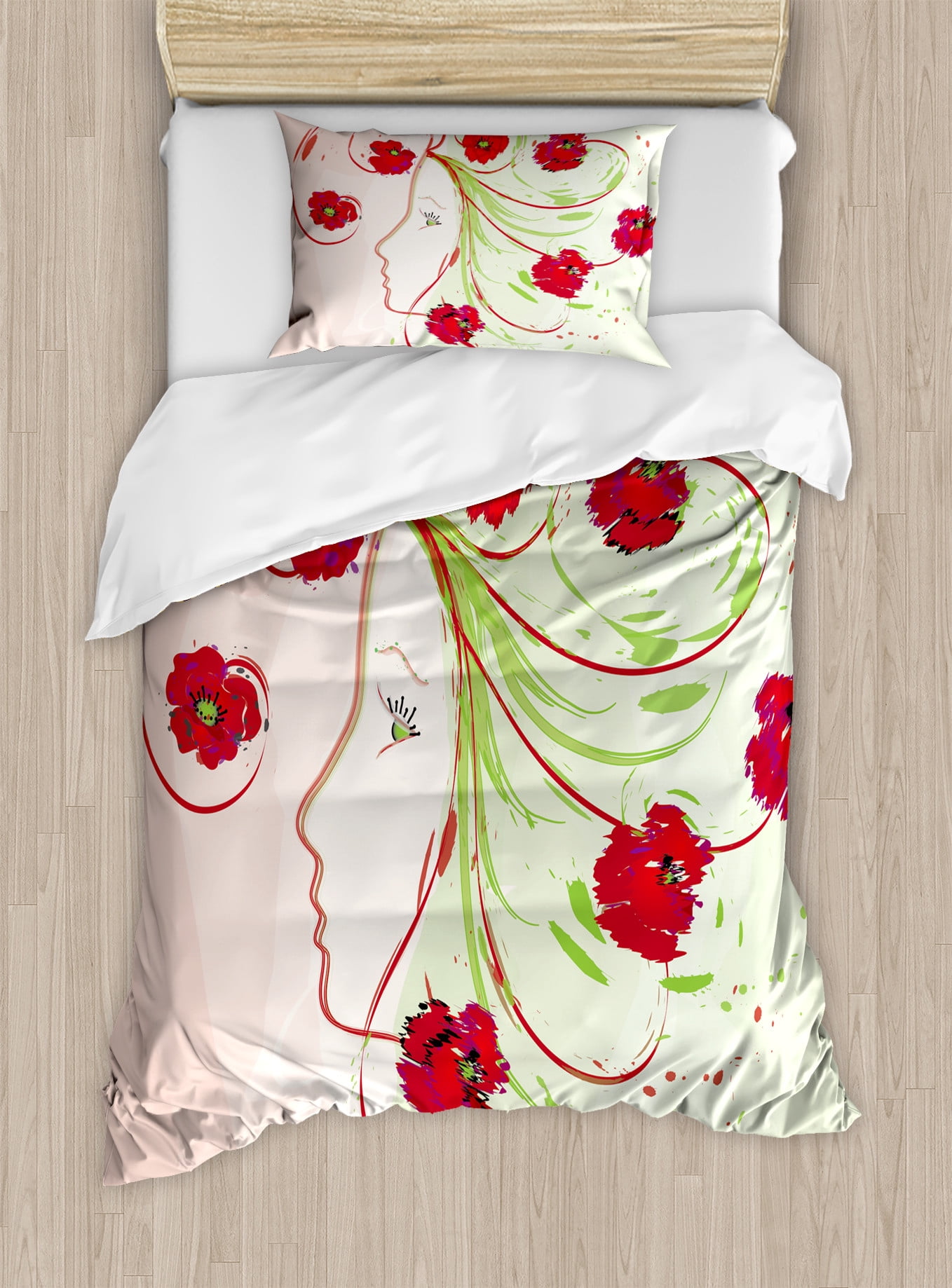 Watercolor Flower Duvet Cover Set, Girl Profile Poppies Floral Hair ...