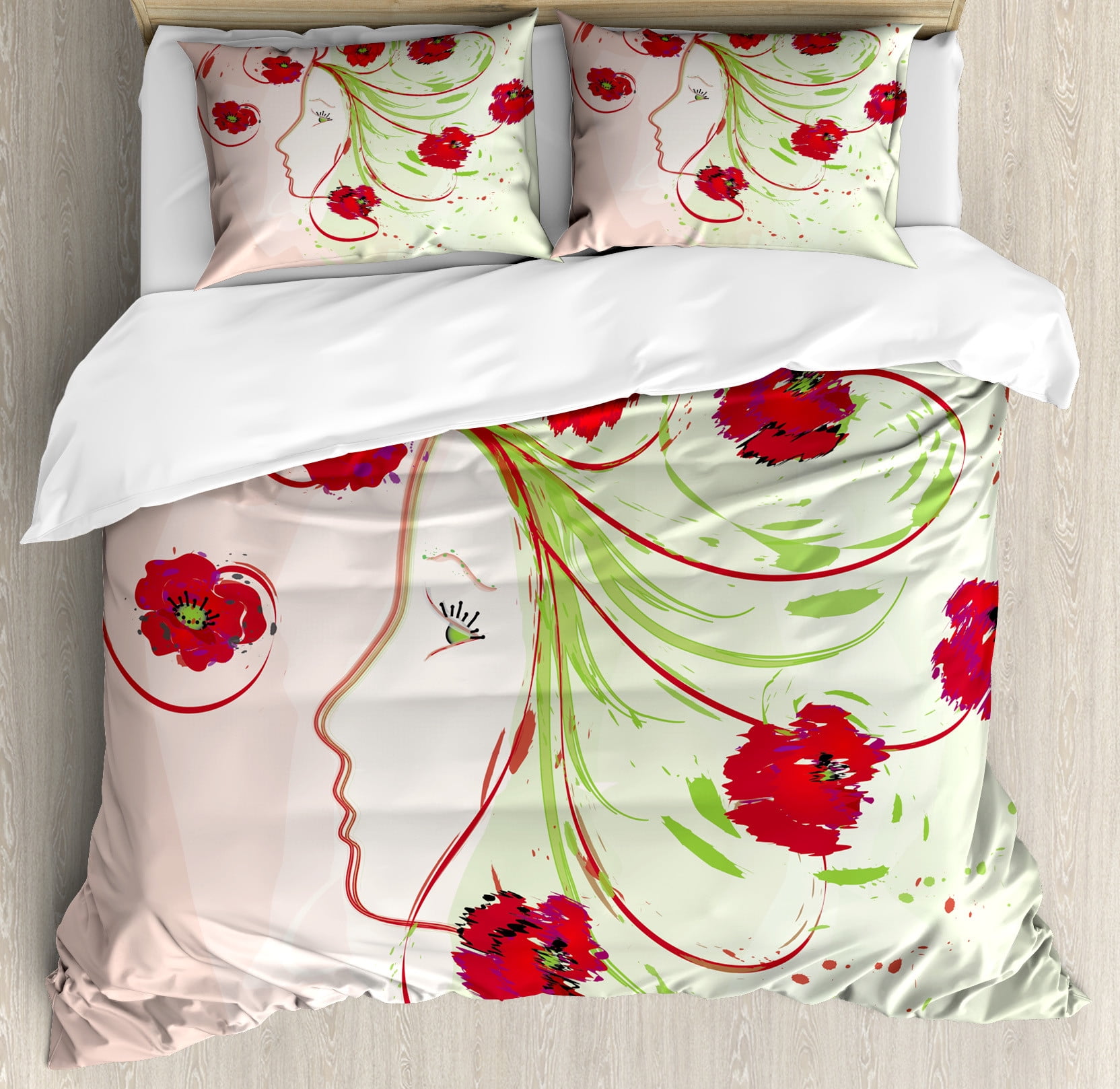 Watercolor Flower Duvet Cover Set, Girl Profile Poppies Floral Hair ...