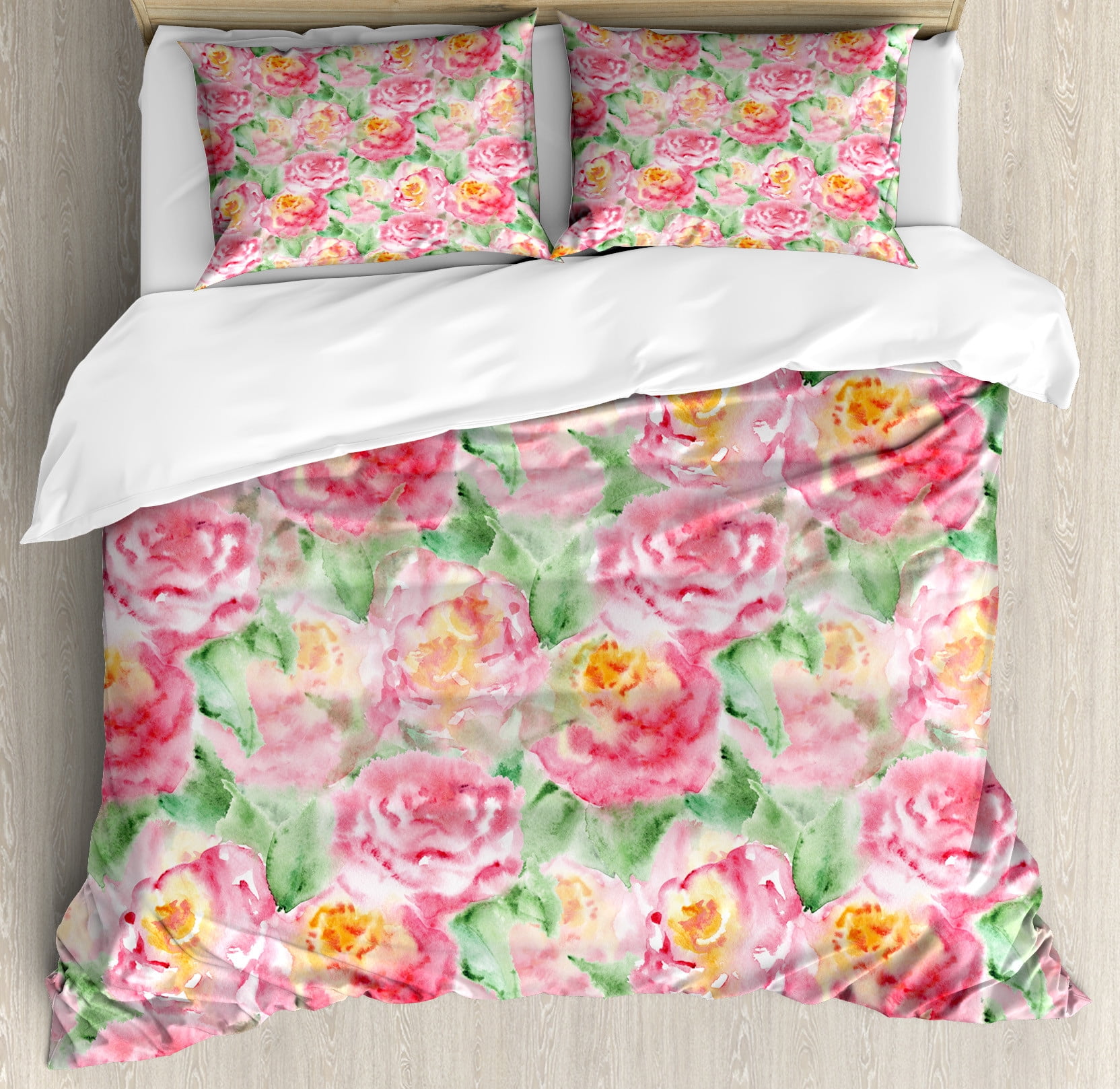 Watercolor Flower Duvet Cover Set, Rose Flower Composition with Leaves ...
