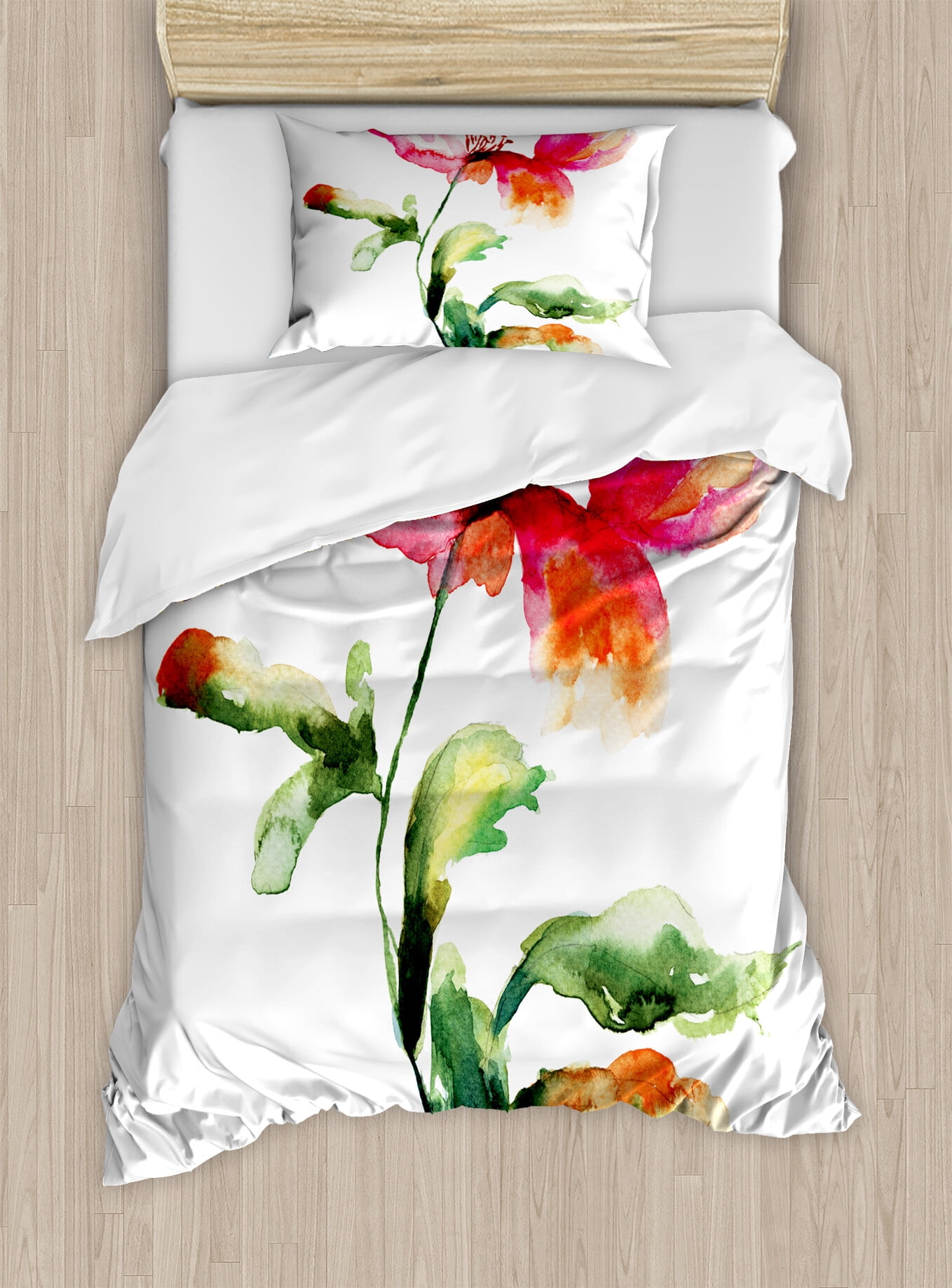 Watercolor Flower Duvet Cover Set, Shaded Single Poppy Flowering Plant ...