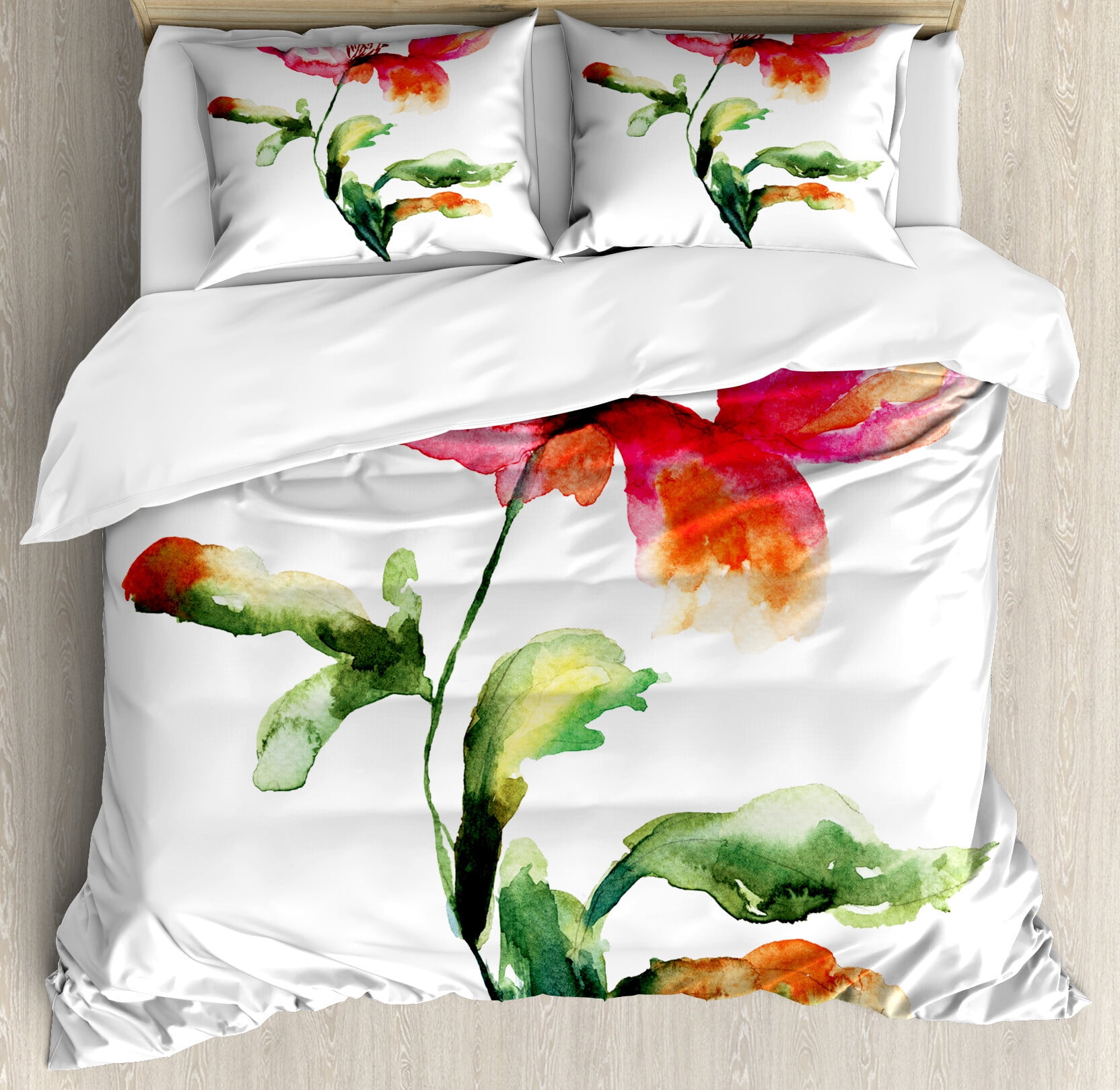 Watercolor Flower Duvet Cover Set, Shaded Single Poppy Flowering Plant ...