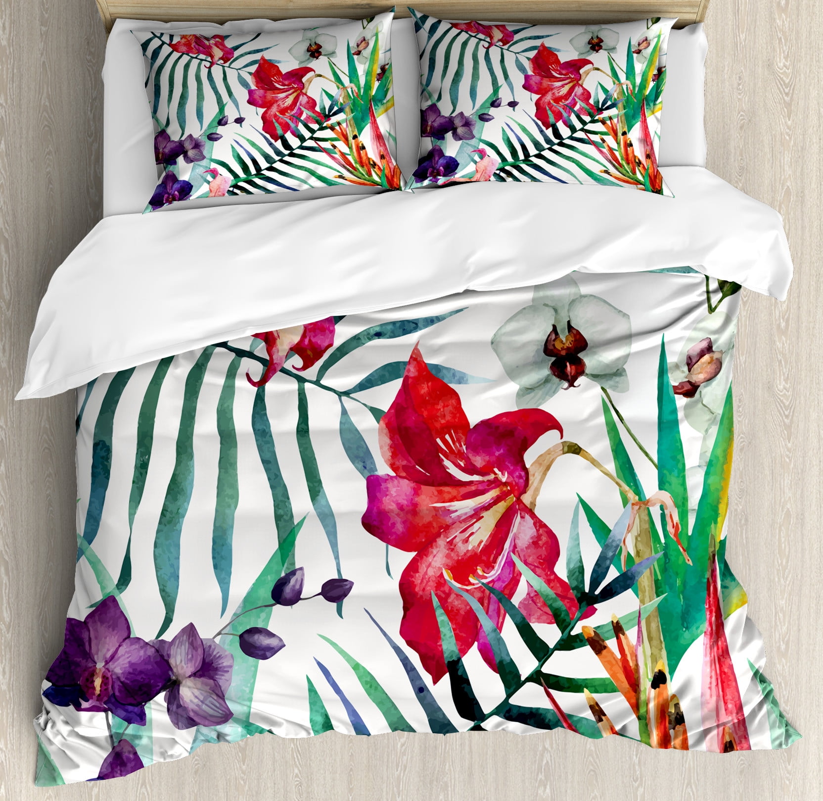 Watercolor Flower Duvet Cover Set, Tropical Wild Orchid Flowers with ...