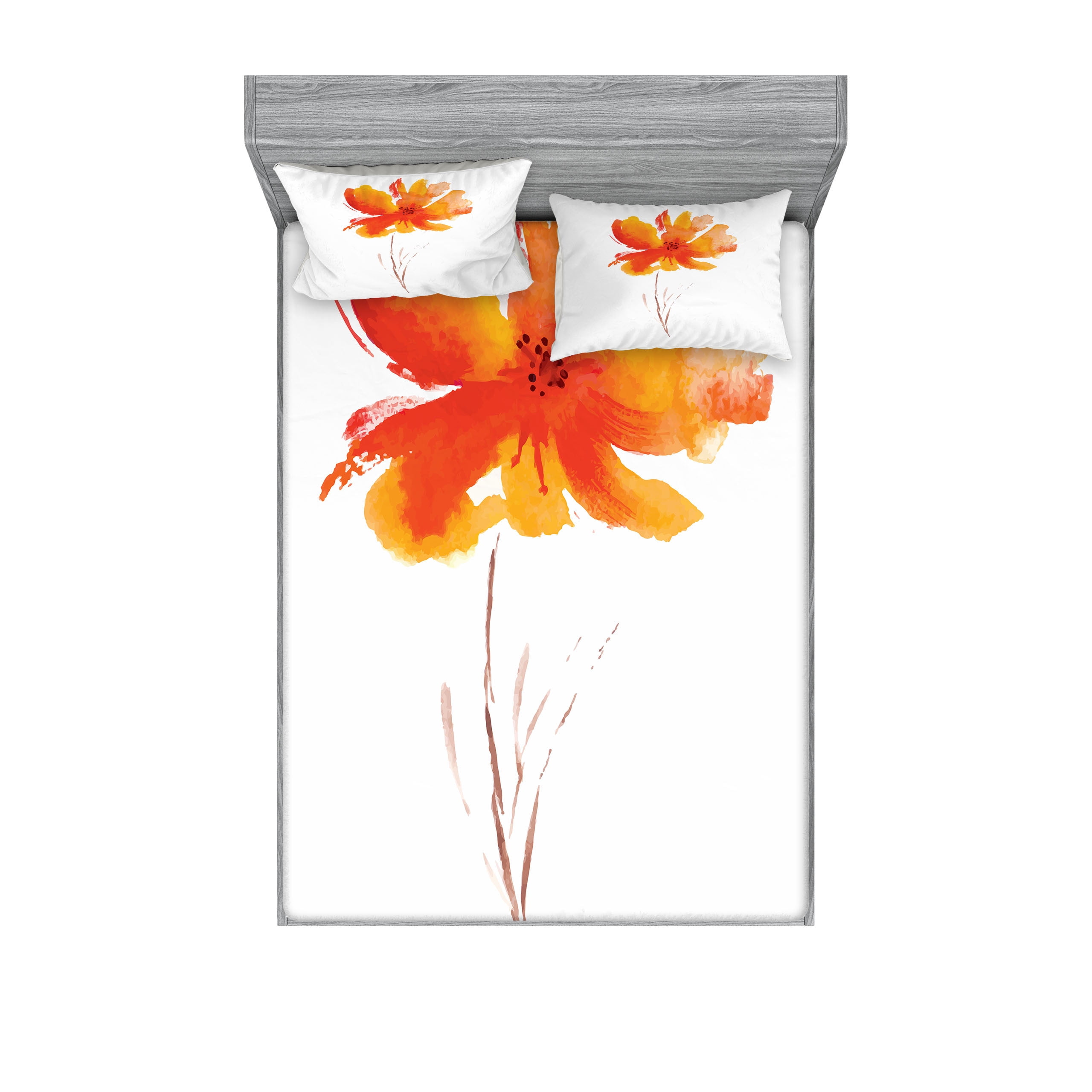 Watercolor Flower Fitted Sheet & Pillow Sham Set, Single Poppy Flower on Plain Clear Background ...