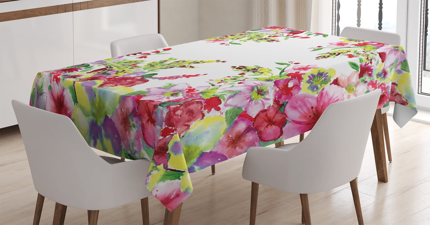 Watercolor Flower House Decor Tablecloth, Fresh Curly Willow and Dahlia ...