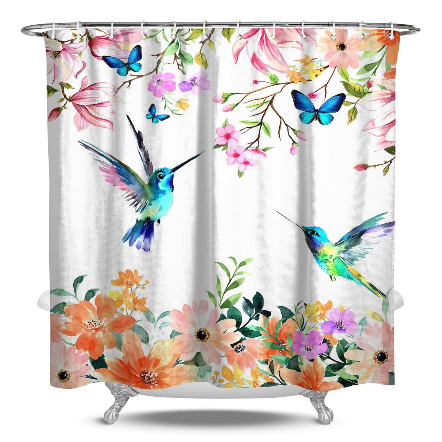 Watercolor Flower Hummingbird Shower Curtain for Bathroom Set Modern ...
