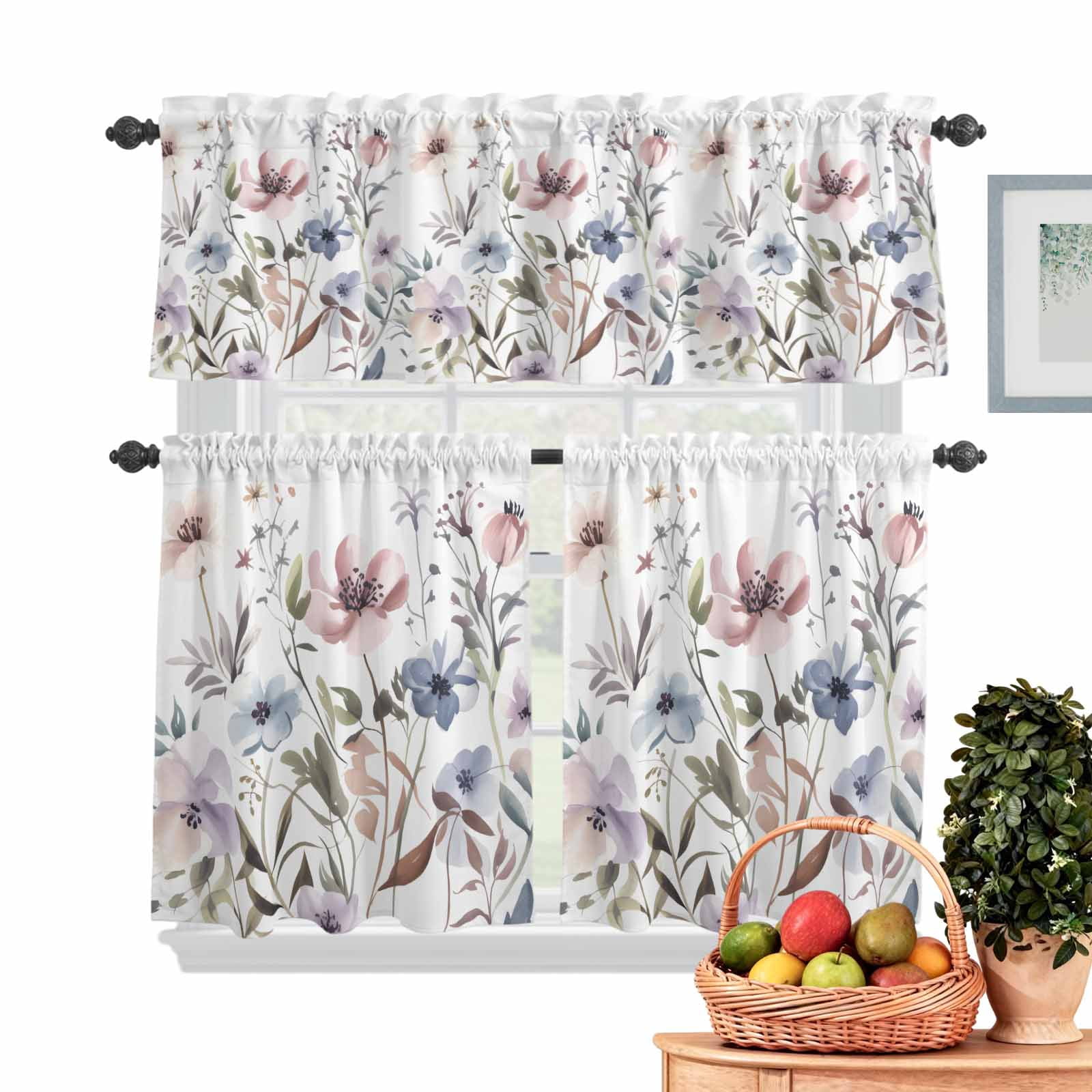 Watercolor Flower Kitchen Curtains Valances 3 Piece Set, Grey Purple ...