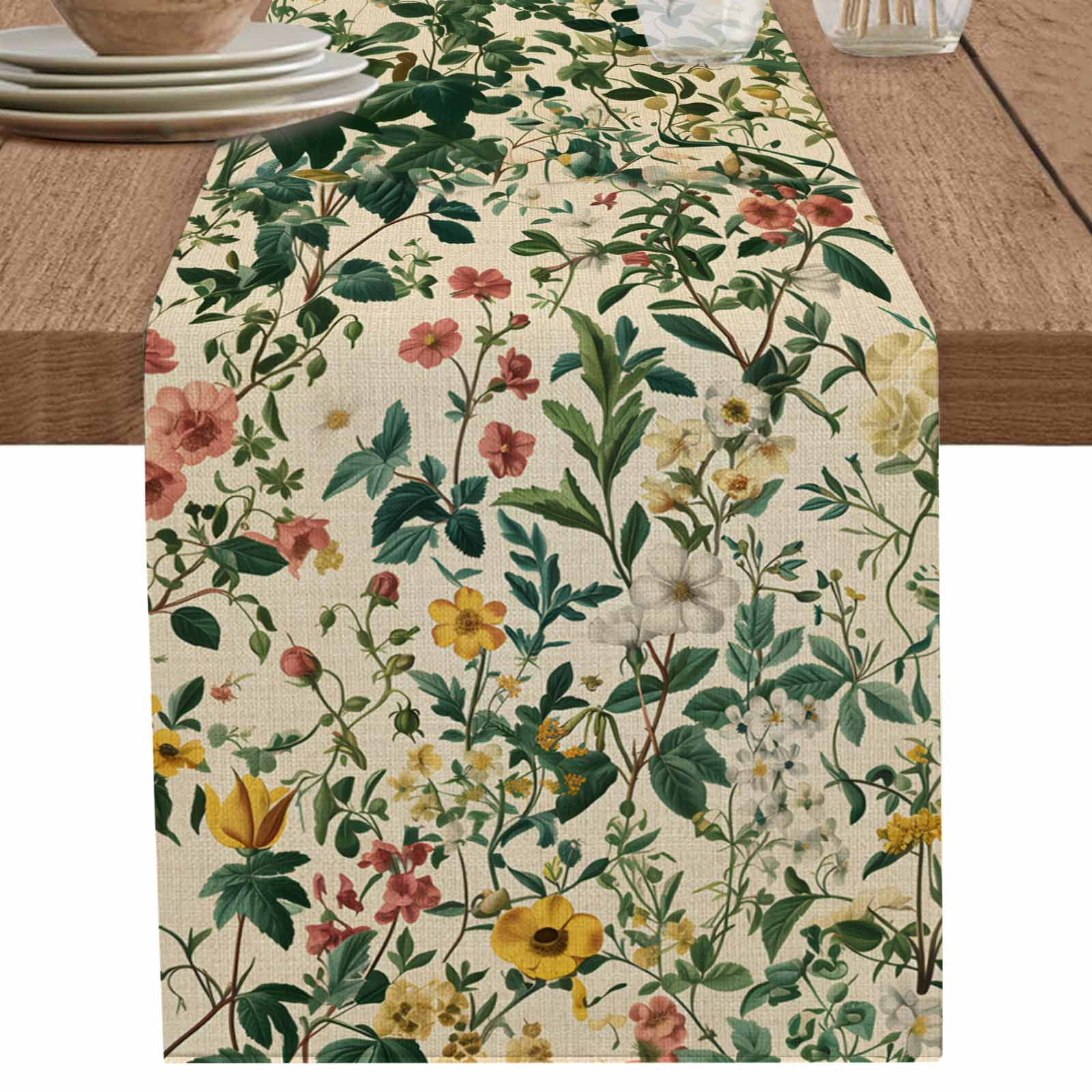 Watercolor Flower Leaves on Vintage Linen Table Runner-36 Inch Long ...