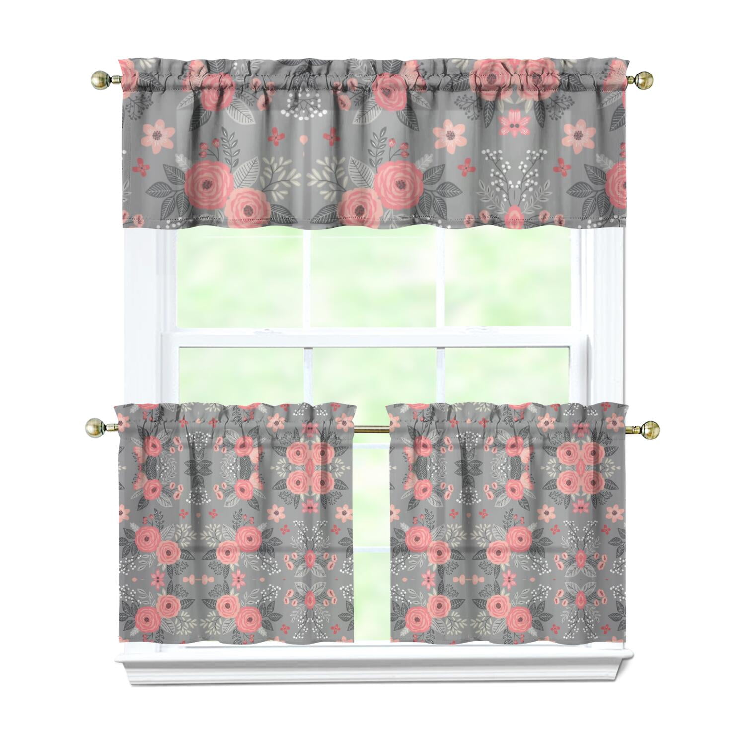 Watercolor Flower Pattern Kitchen Curtains - 3 Pack Rod Pocket Curtains ...