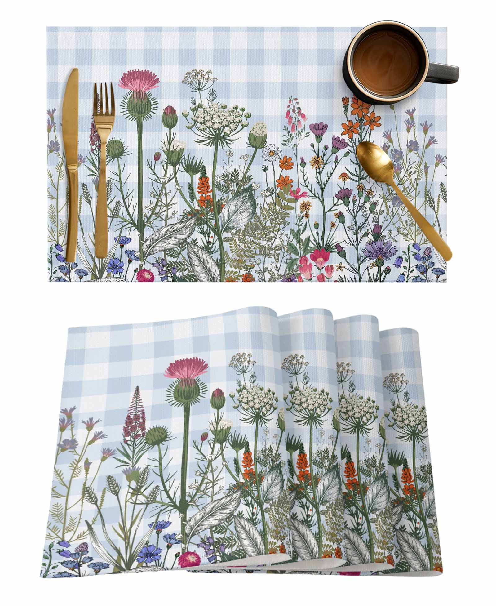 Watercolor Flower Placemats Set of 8 Pink Flowers Blue White Plaid ...