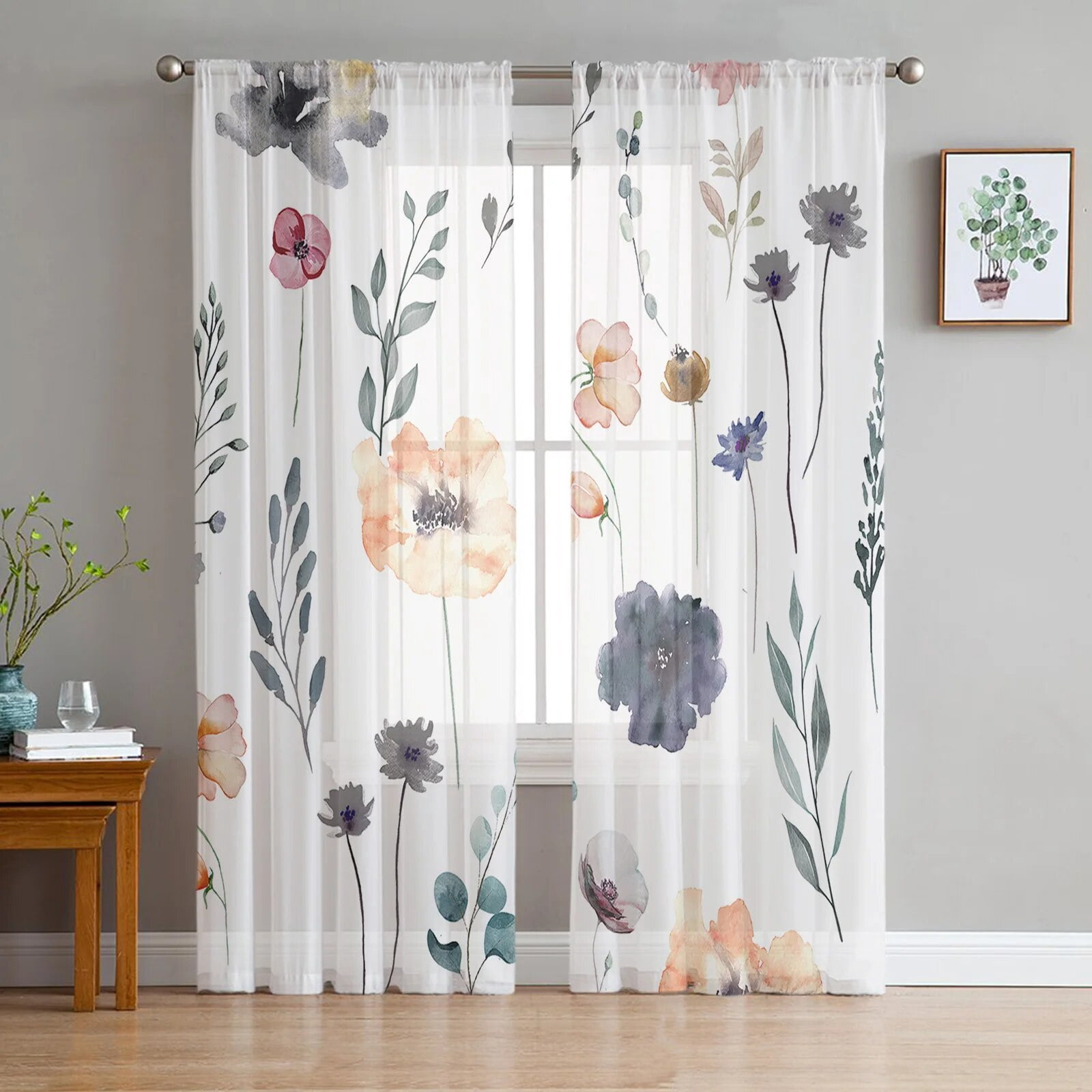 Watercolor Flower Plant Leaves Tulle Drapes for Living Room Bedroom ...