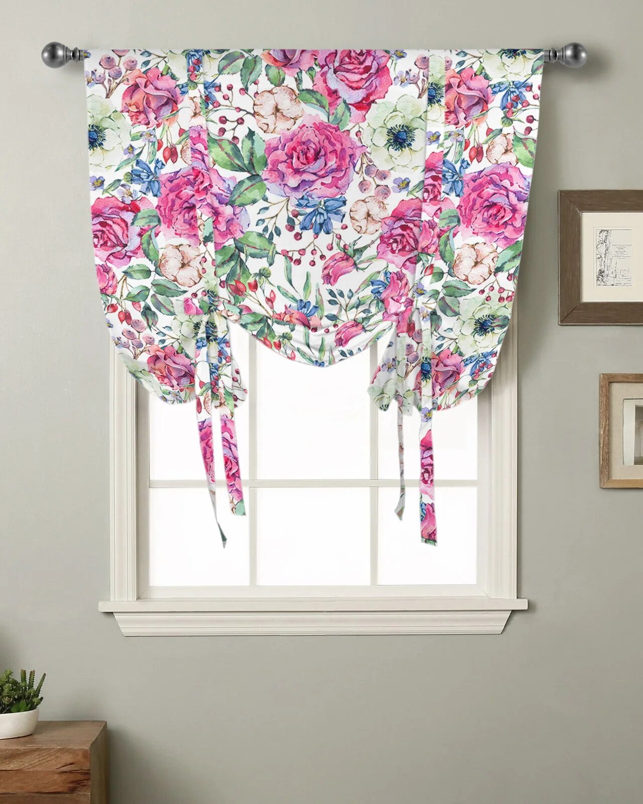 Watercolor Flower Rose Kitchen Short Window Curtain Rod Pocket Curtains ...