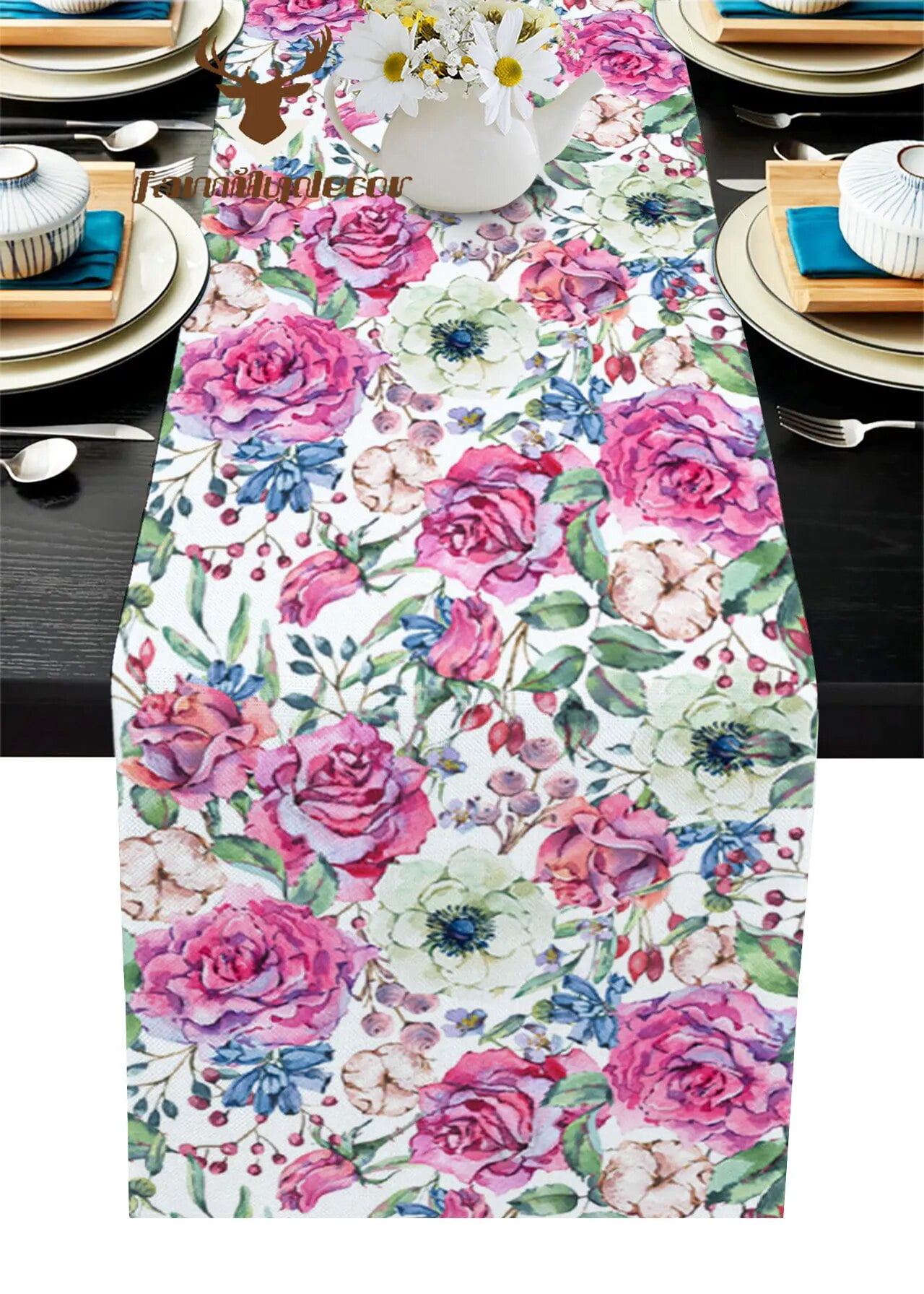 Watercolor Flower Rose Table Runner Home Wedding Decor Table Flag Mat ...