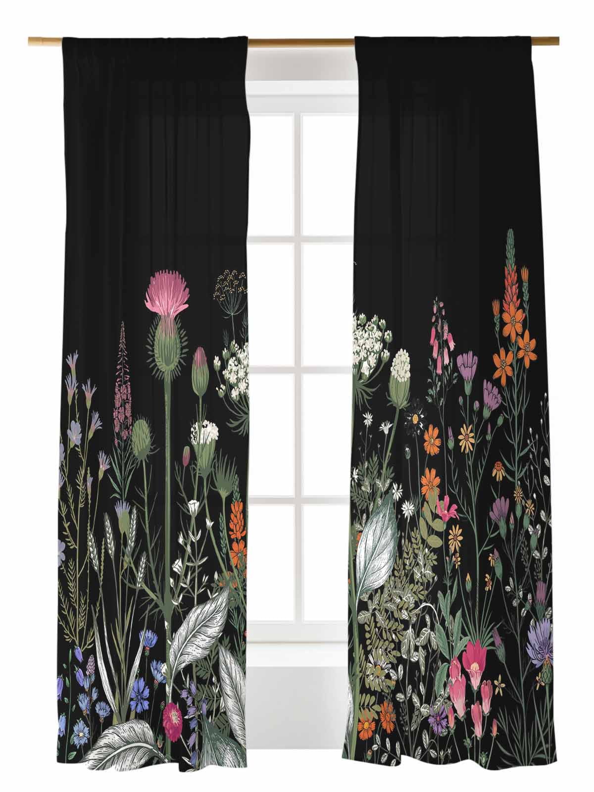 Watercolor Flower Sheer Curtains 2 Panels Set Pink Flowers Black ...