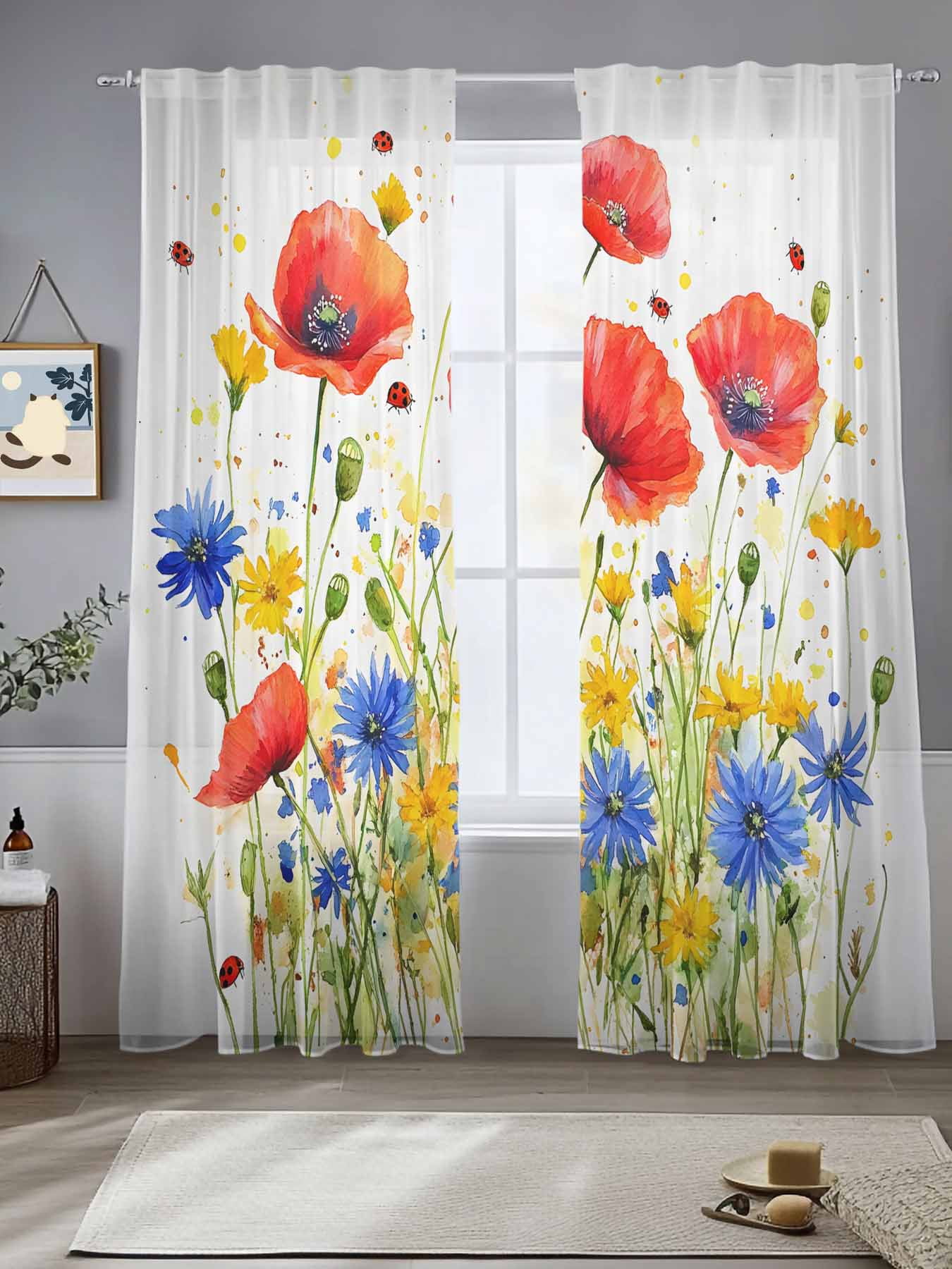 Watercolor Flower Sheer Curtains for Living Room Bedroom Patriotic Red ...