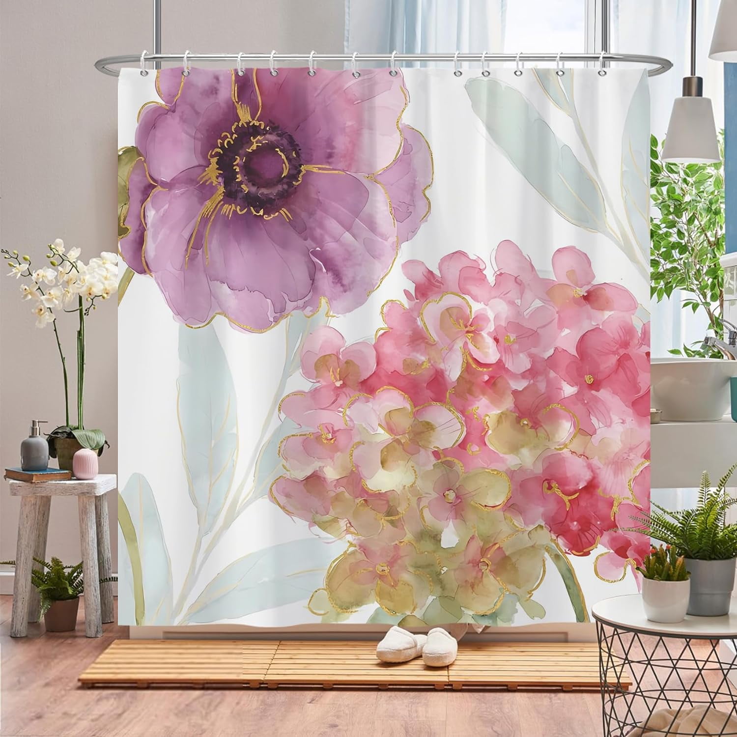 Watercolor Flower Shower Curtain Purple Pink Floral Shower Curtain Set