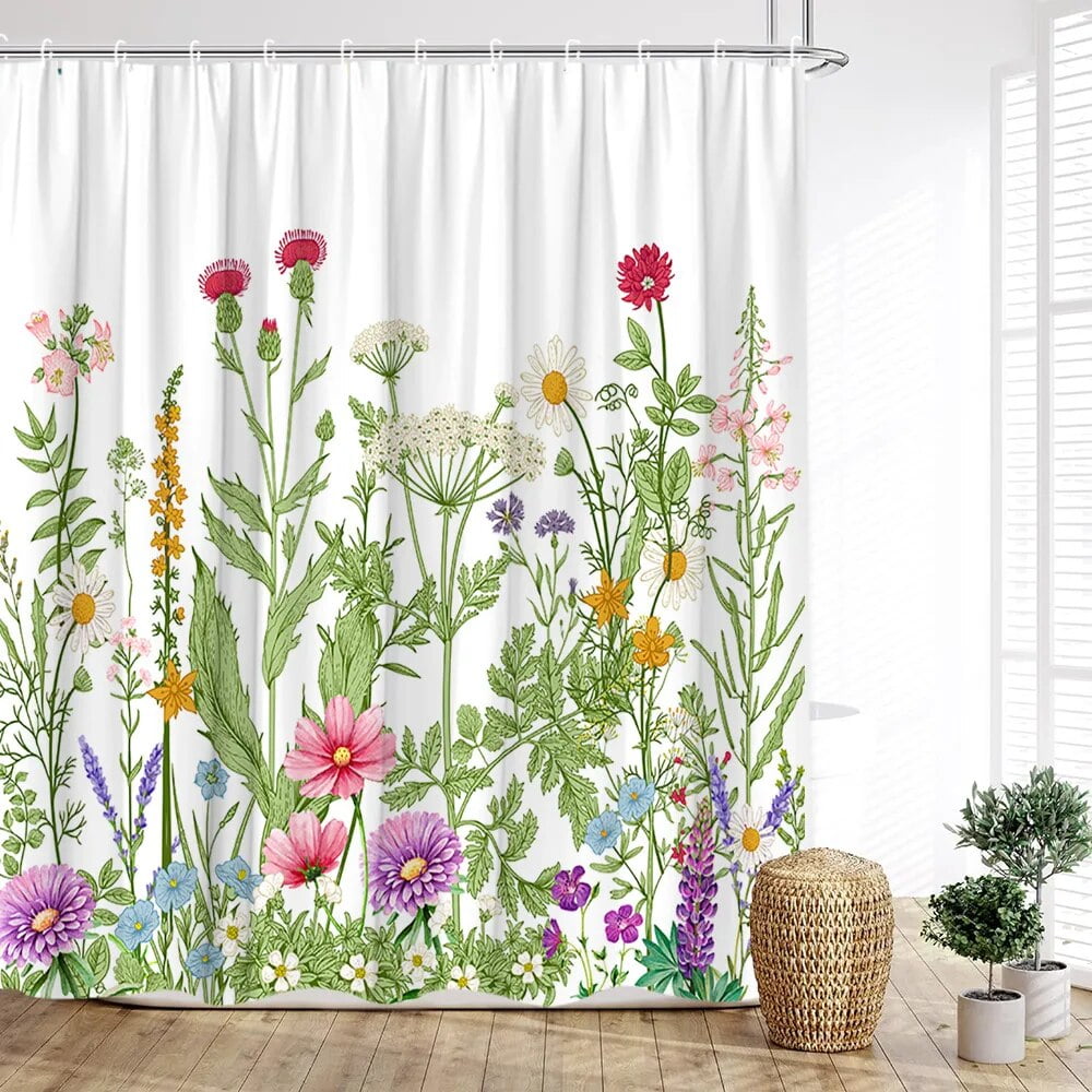 Watercolor Flower Shower Curtain Spring Wildflowers Hummingbird