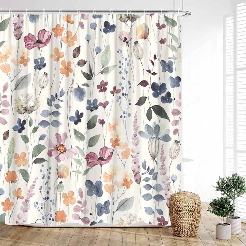 Watercolor Flower Shower Curtain Spring Wildflowers Hummingbird