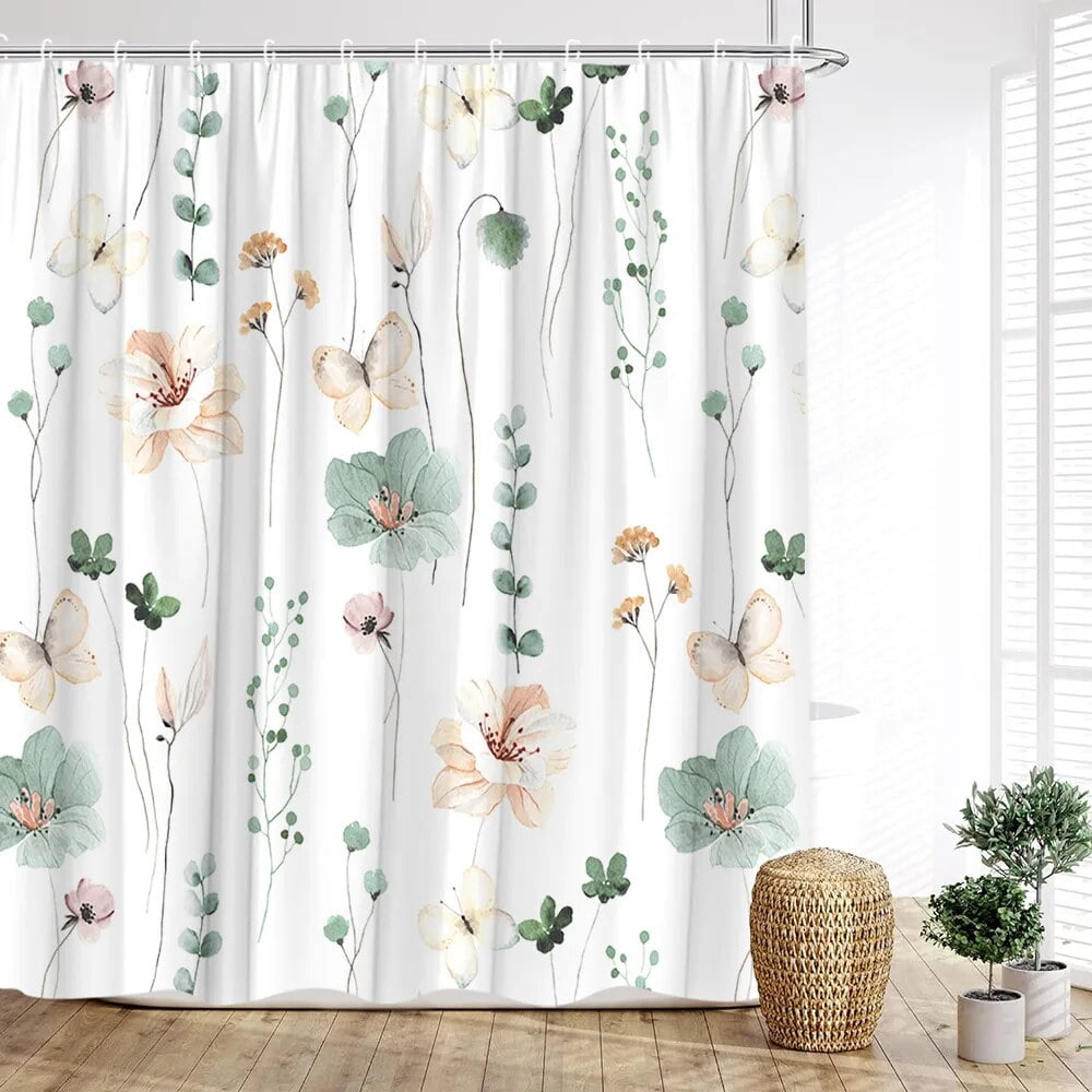 Watercolor Flower Shower Curtain Spring Wildflowers Hummingbird